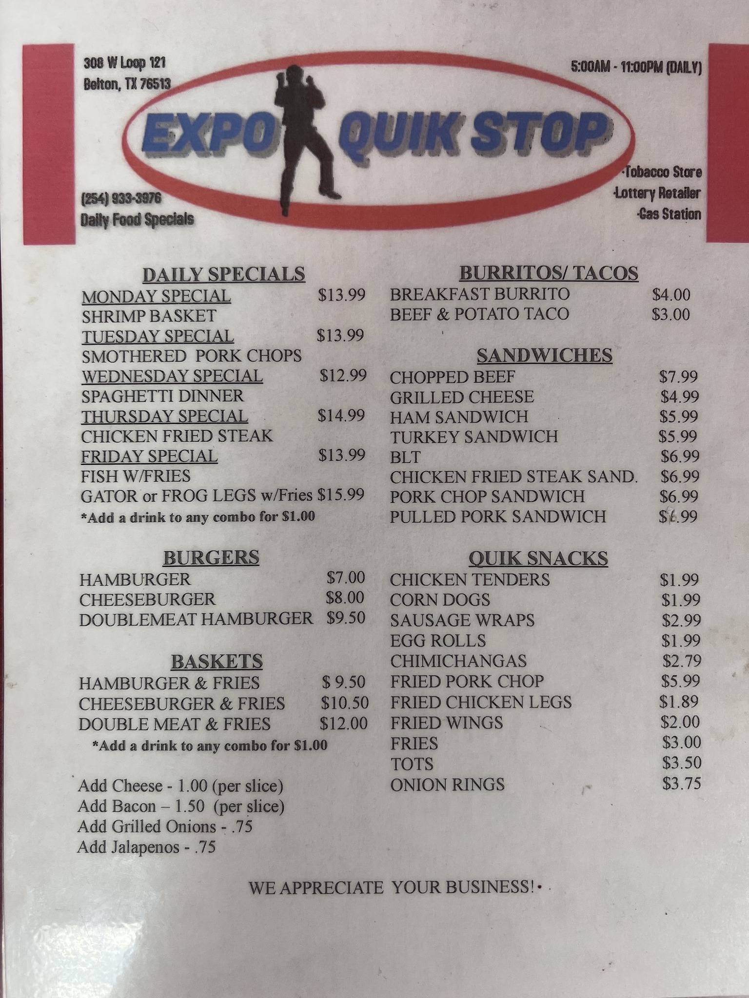 Menu at Expo Quik Stop cafe, Belton