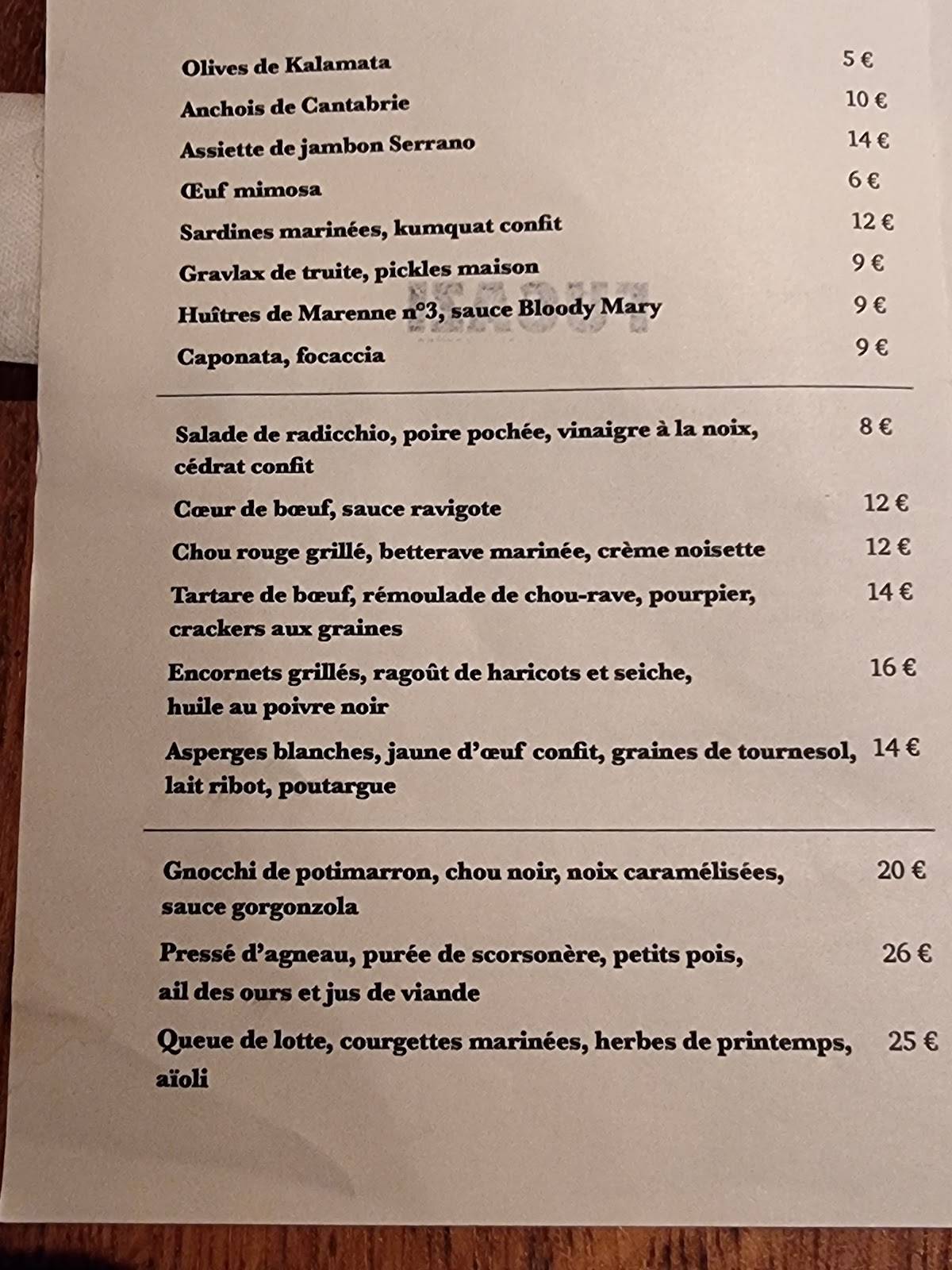 Menu at FUGAZI restaurant, Paris