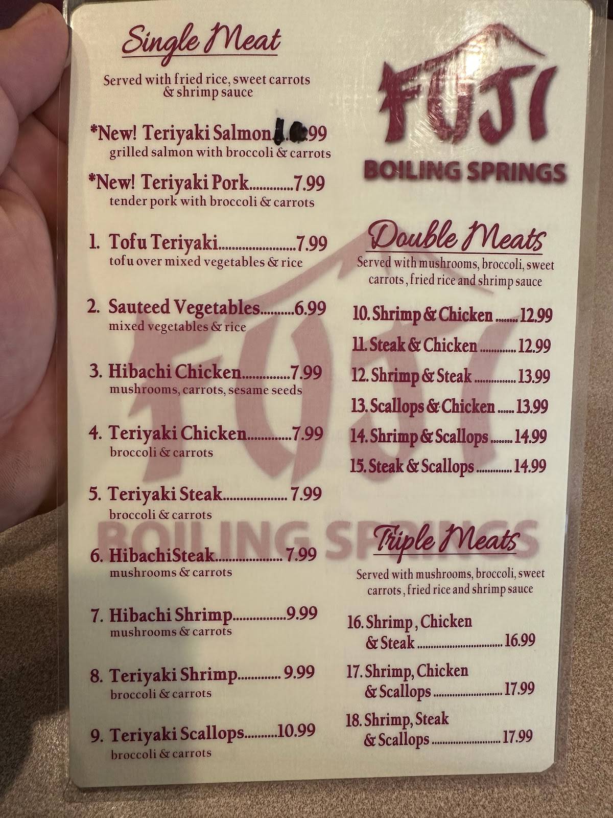 Menu at FUJI Boiling Springs restaurant, Boiling Springs