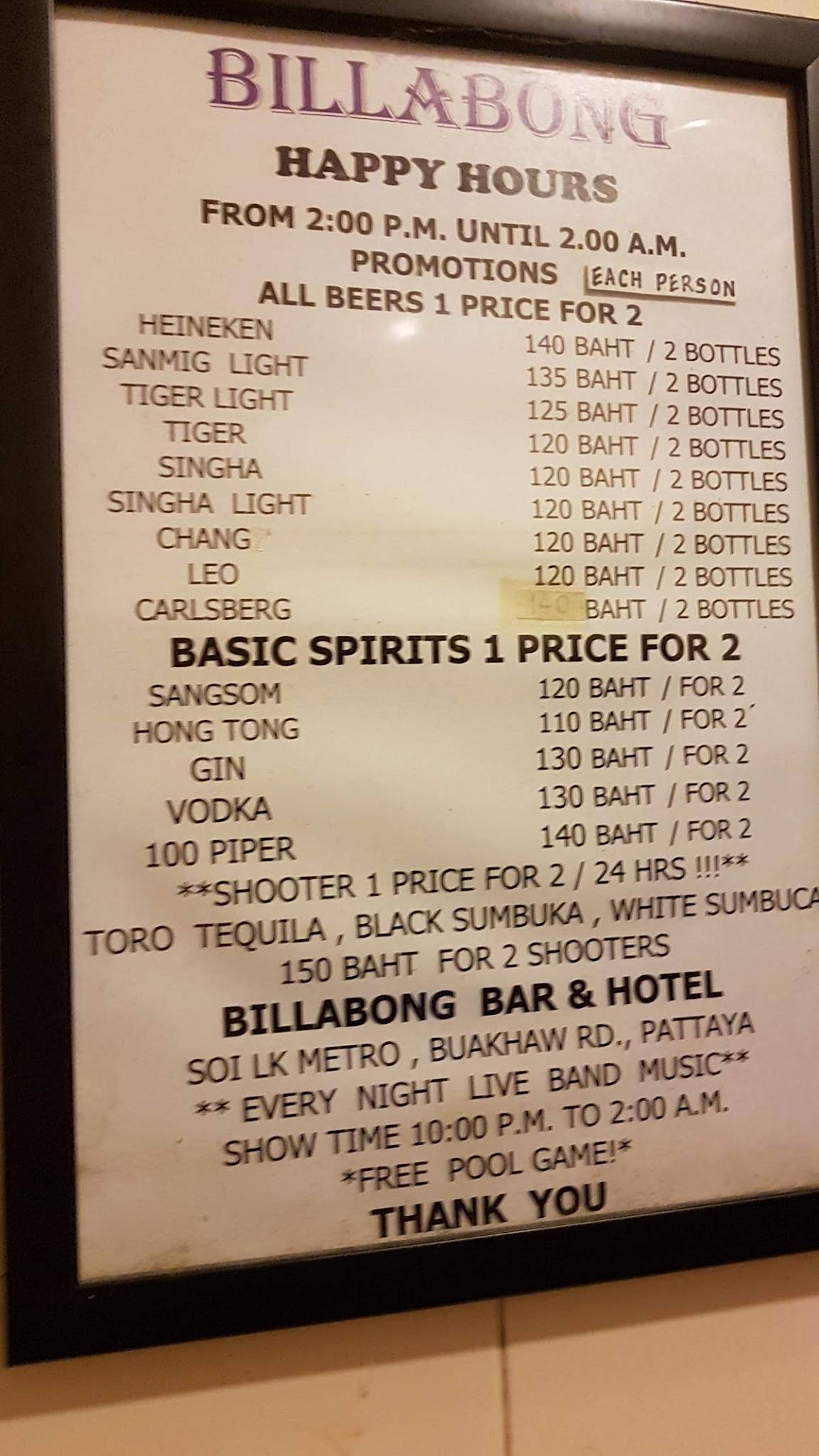 Menu at FULL BAR, Pattaya City