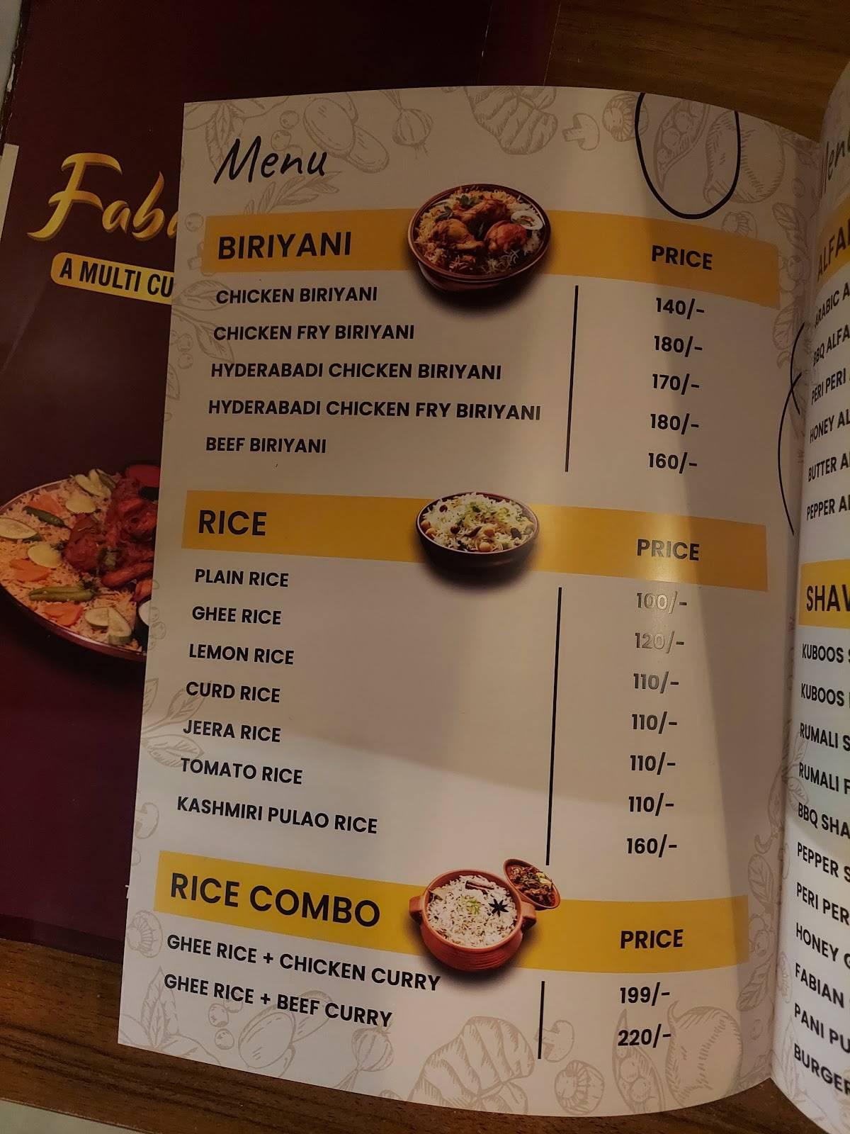 Menu at Fabin Arabia, Varkala, Varkala-Thazhevettoor Road