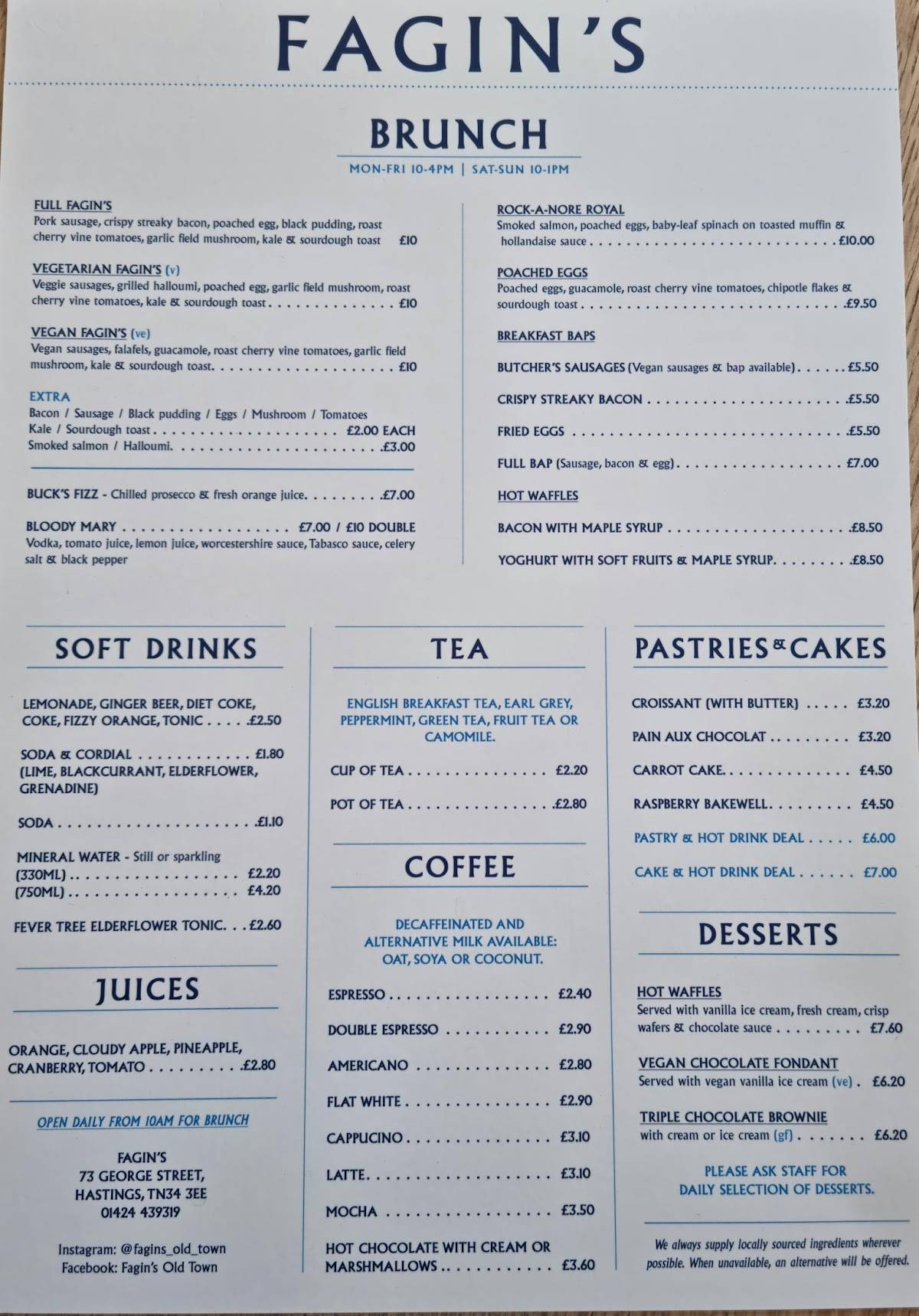 Menu at Fagin's restaurant, Hastings