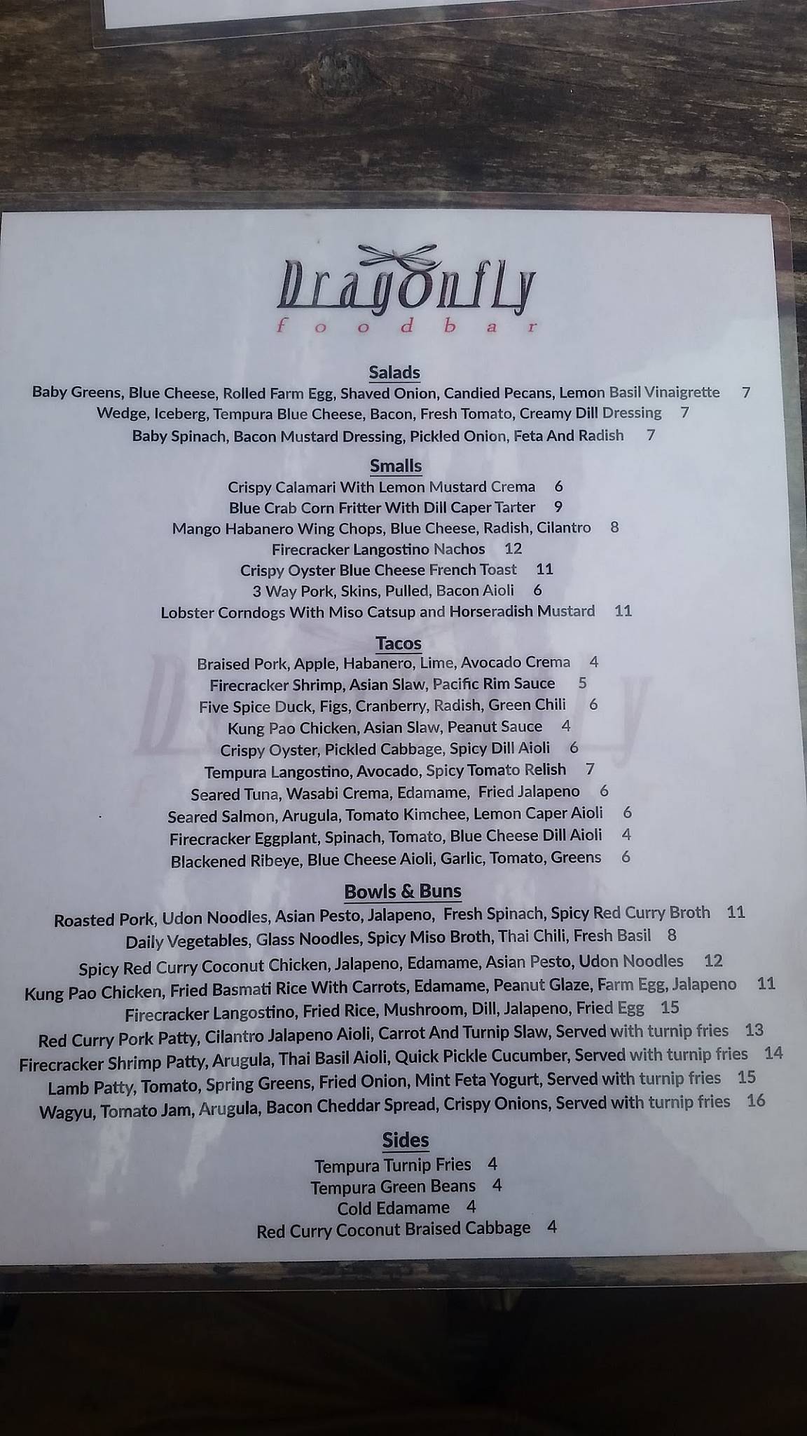 Menu at Dragonfly Food Bar, Fairhope