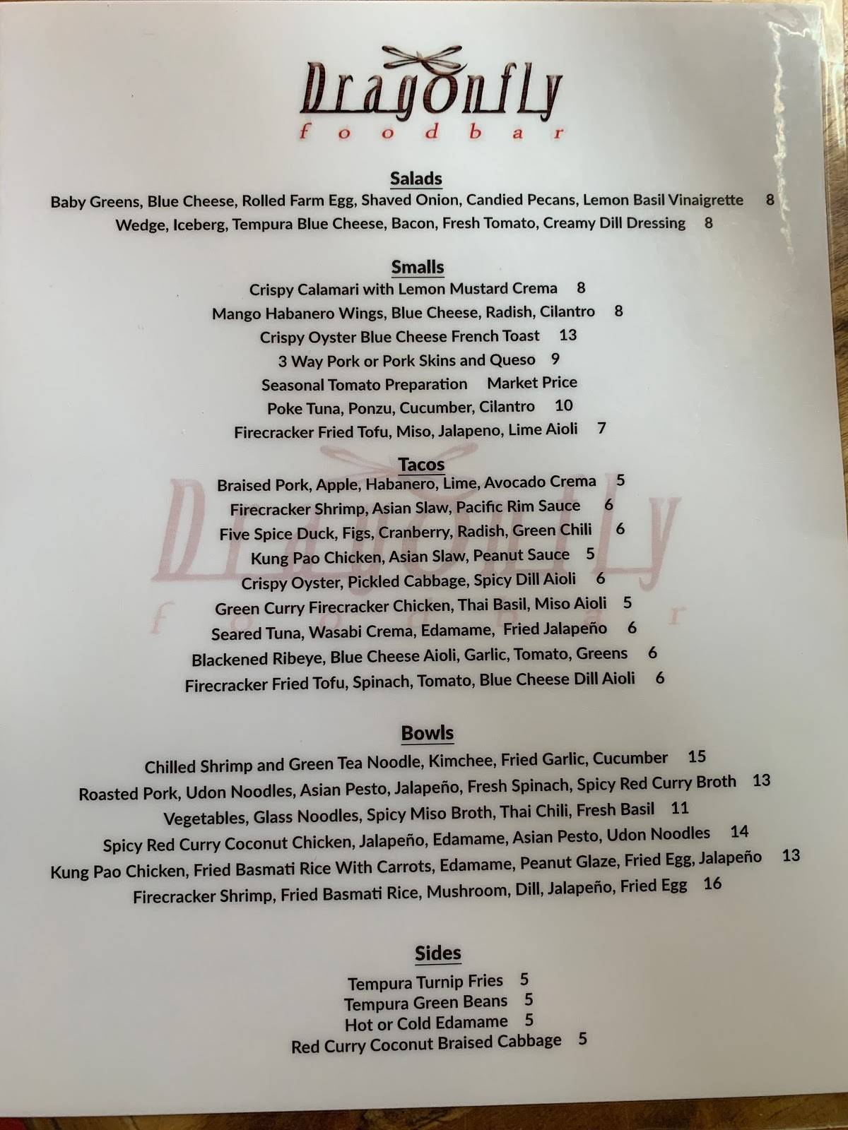 Menu at Dragonfly Food Bar, Fairhope