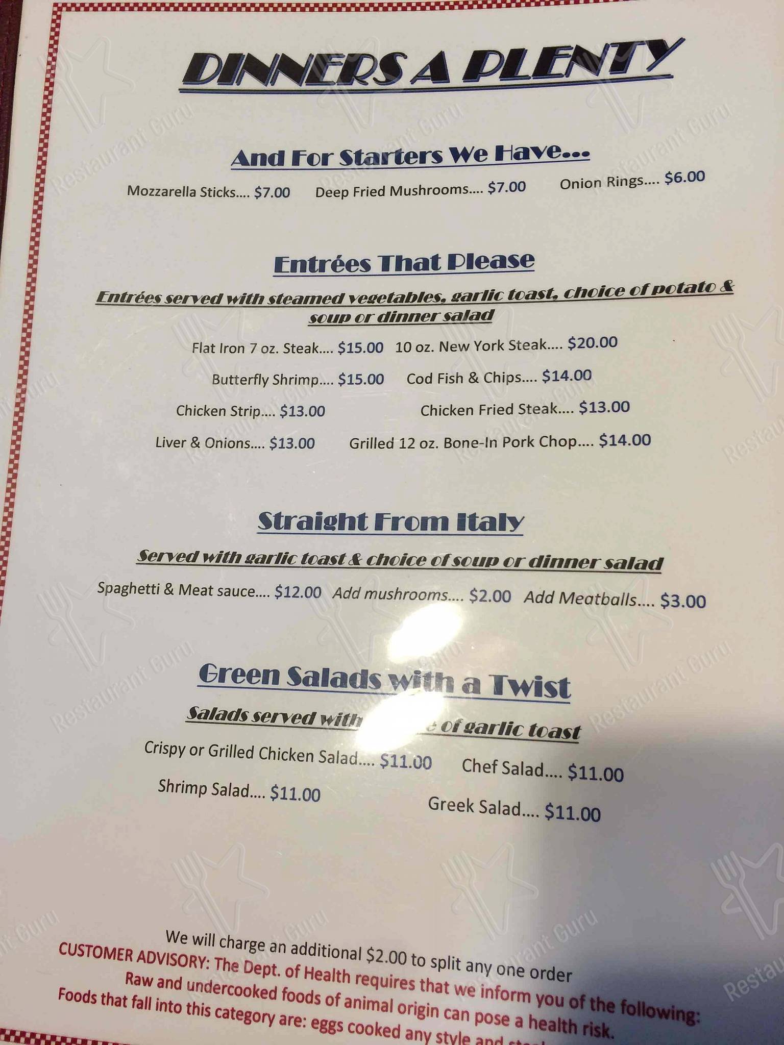 Menu at Fairmount Diner restaurant, Port Angeles