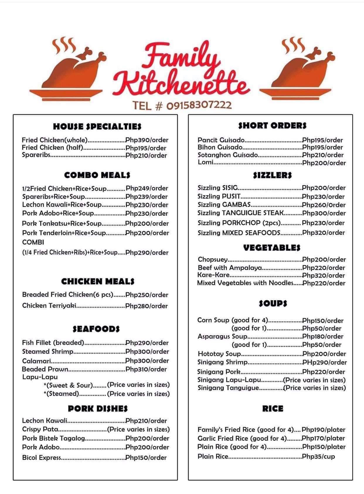 Menu at Family Kitchenette restaurant, Legazpi City, Barangay 39