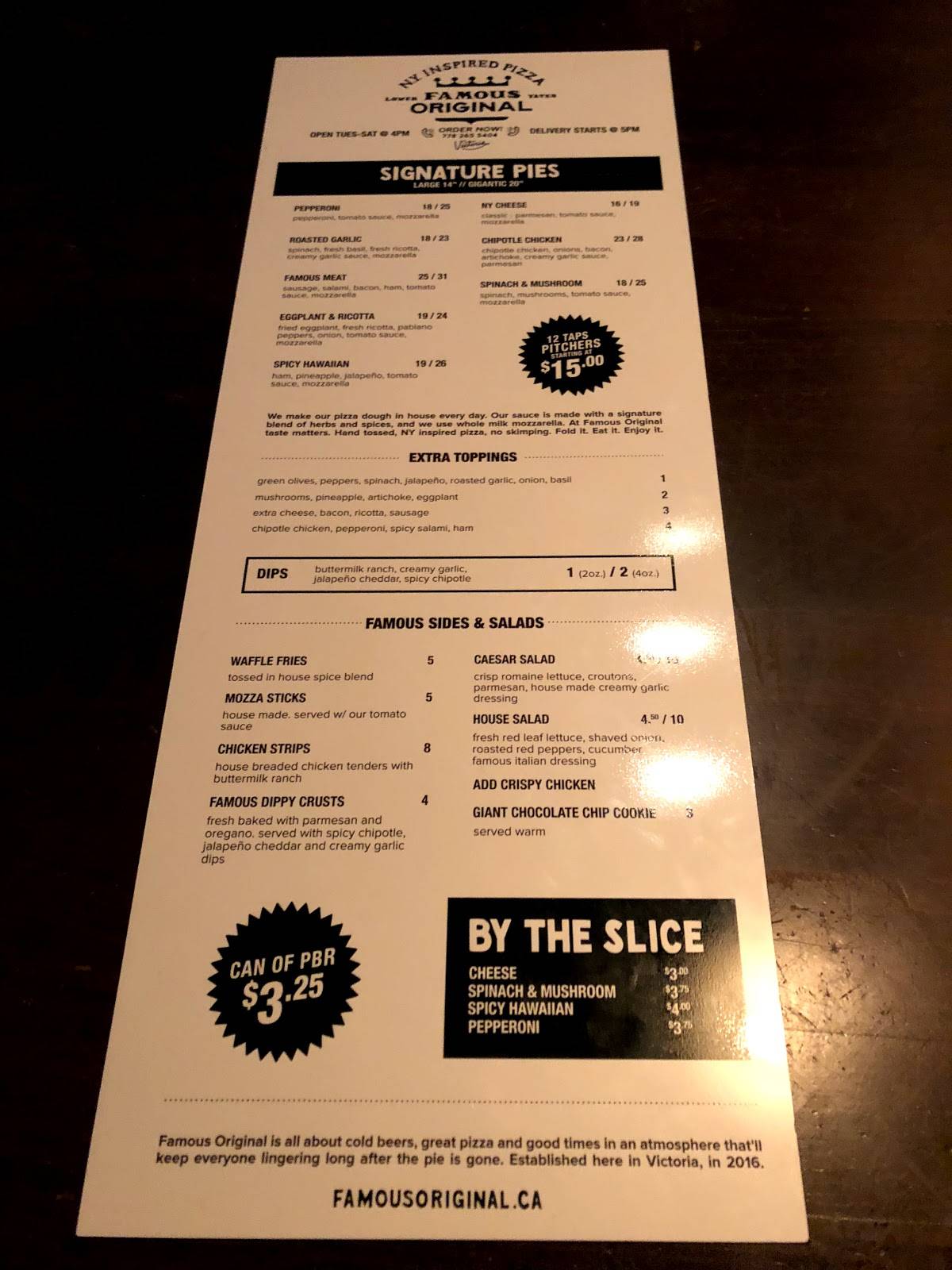 Menu au Famous Original pub et bar, Victoria