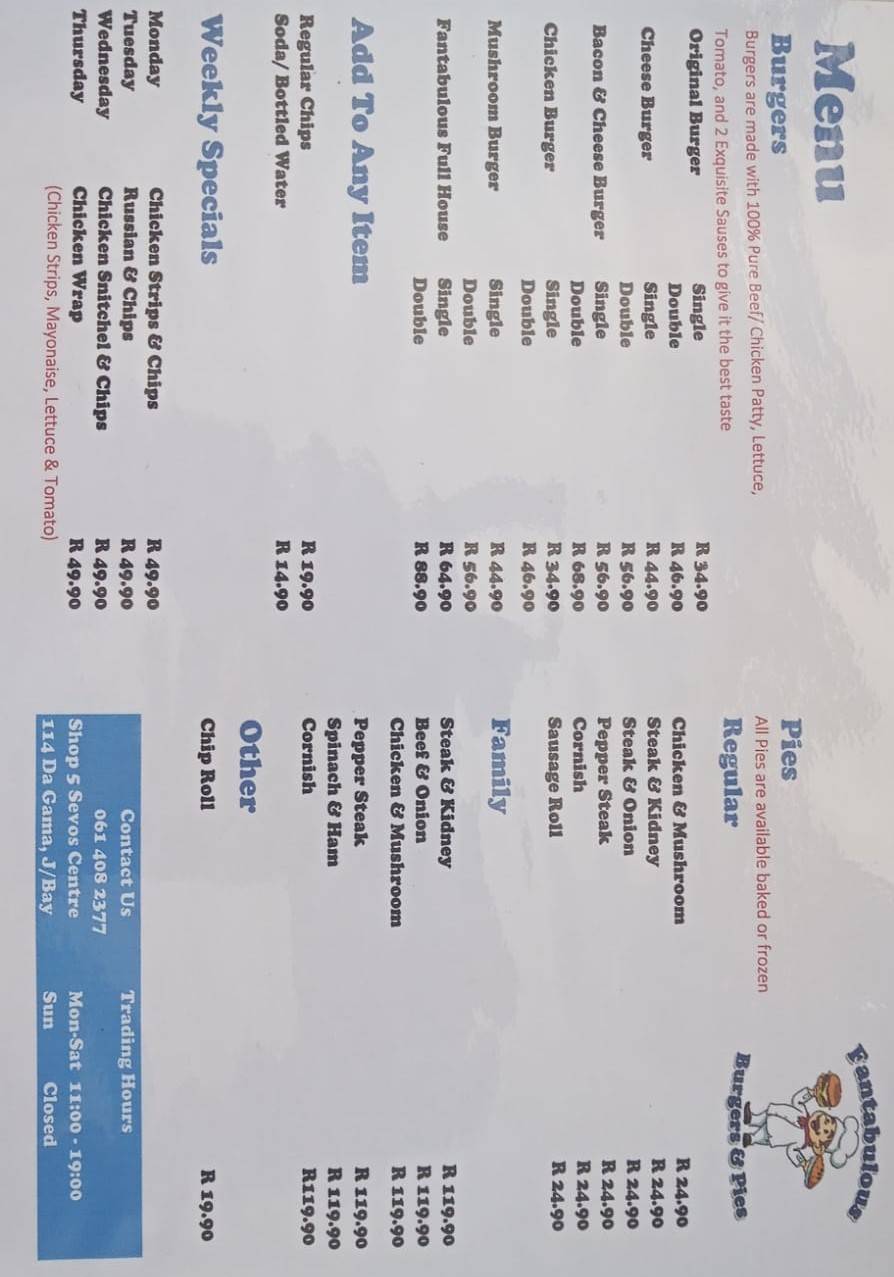 Menu at Fantabulous Burgers & Pies restaurant, Jeffreys Bay