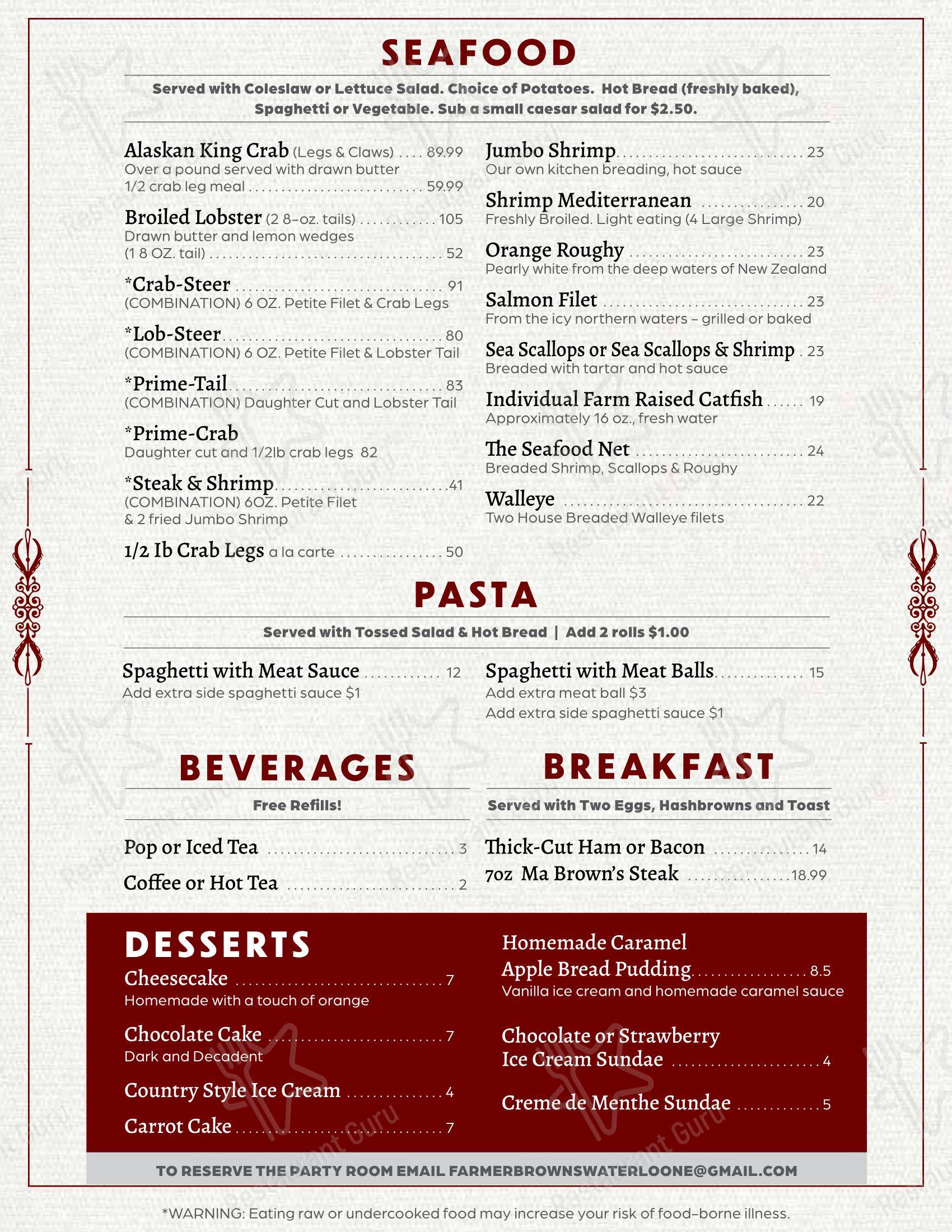 Menu at Farmer Brown's Steak House steakhouse, Waterloo