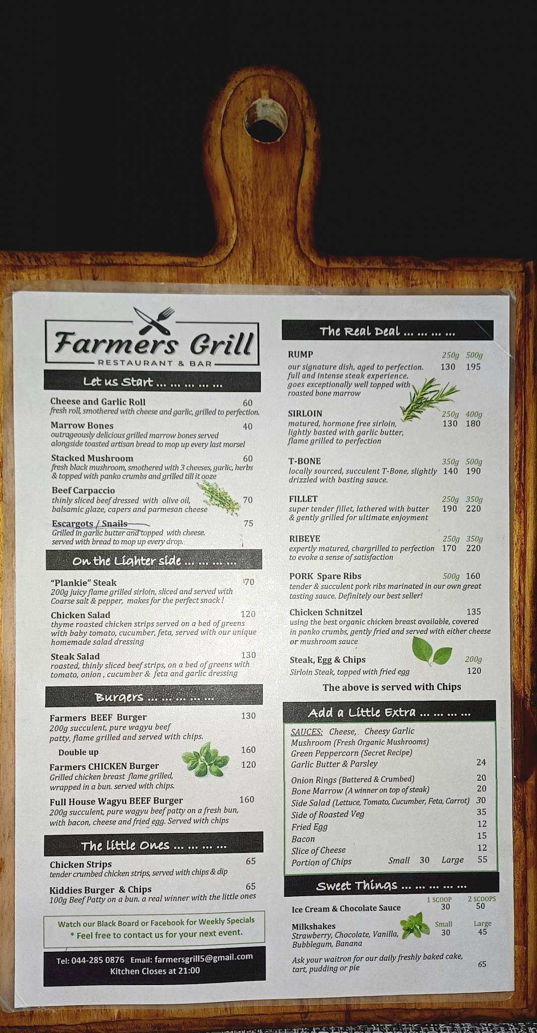 Menu at Farmers Grill restaurant, Knysna