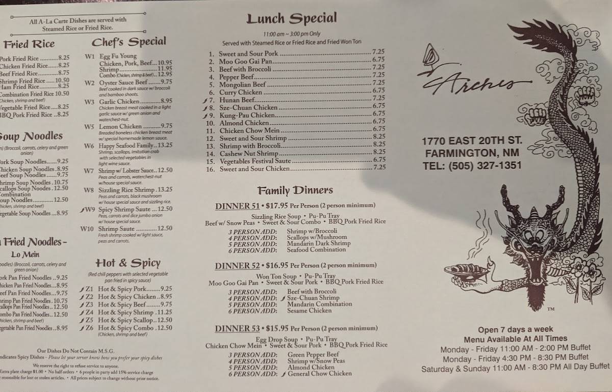 Menu at Arches Restaurant, Farmington
