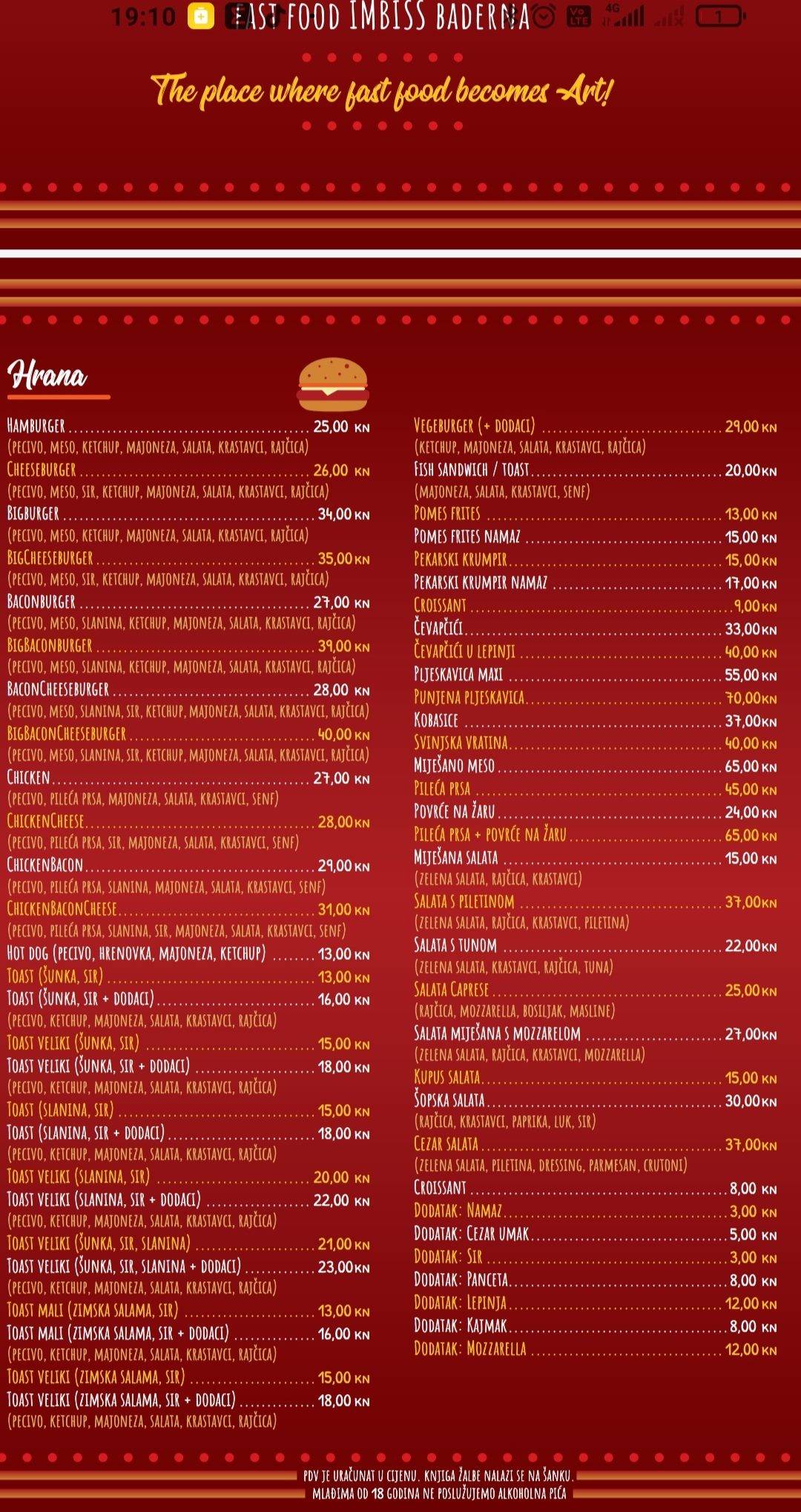 Menu au Imbiss Baderna fast food, Baderna