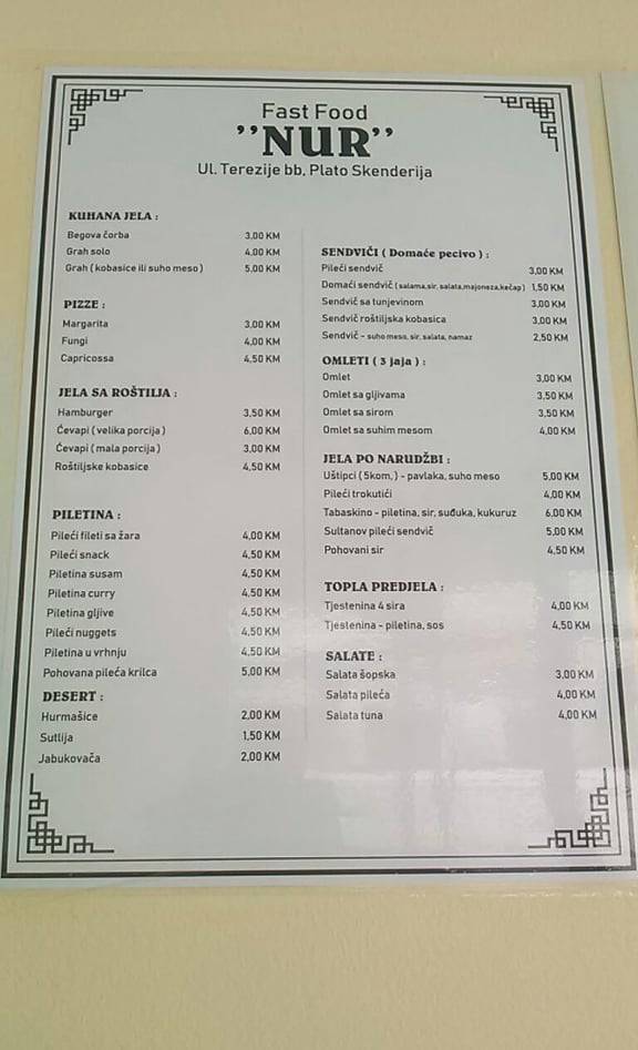 Menu at Fast Food NUR, Sarajevo