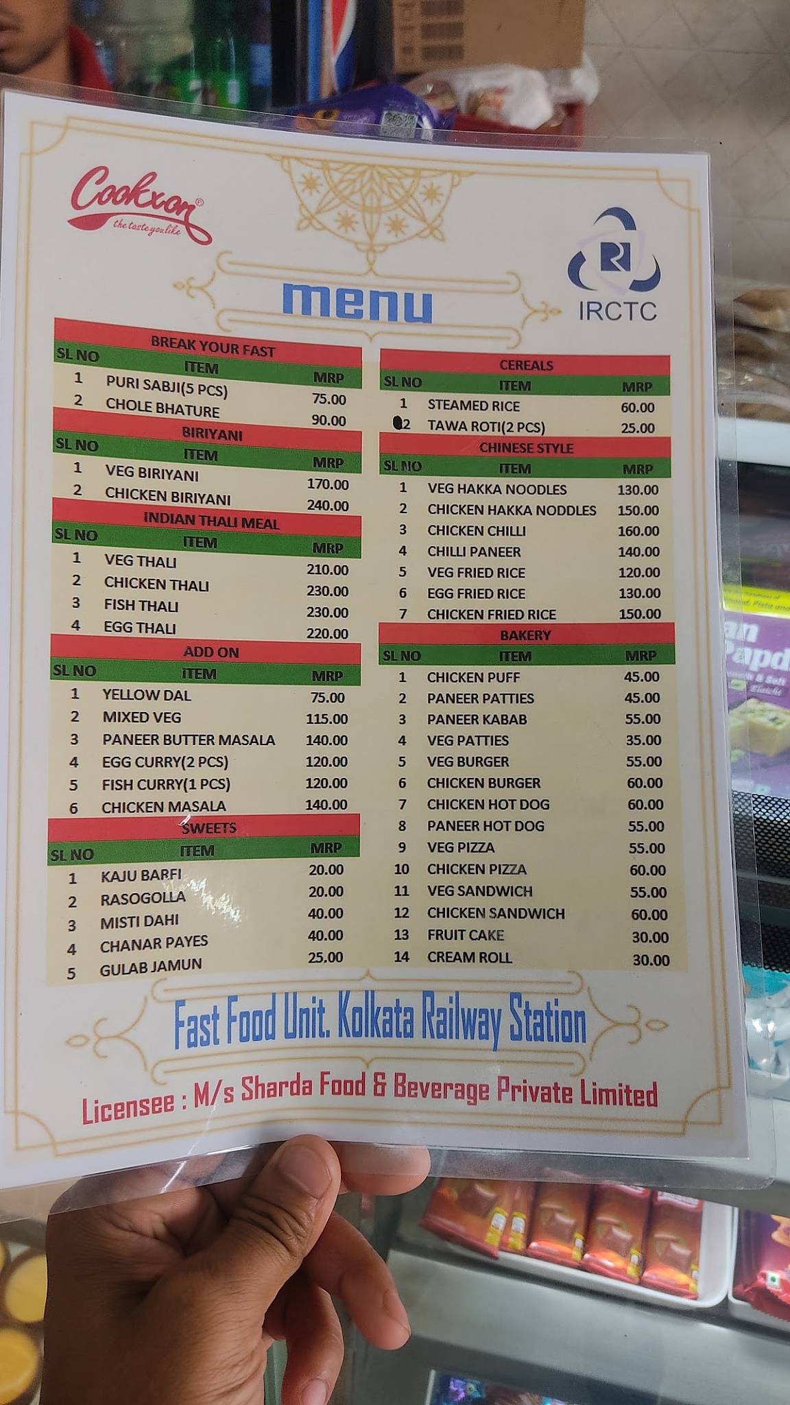 Menu at Fast Food Track Kolkatta station, Kolkata
