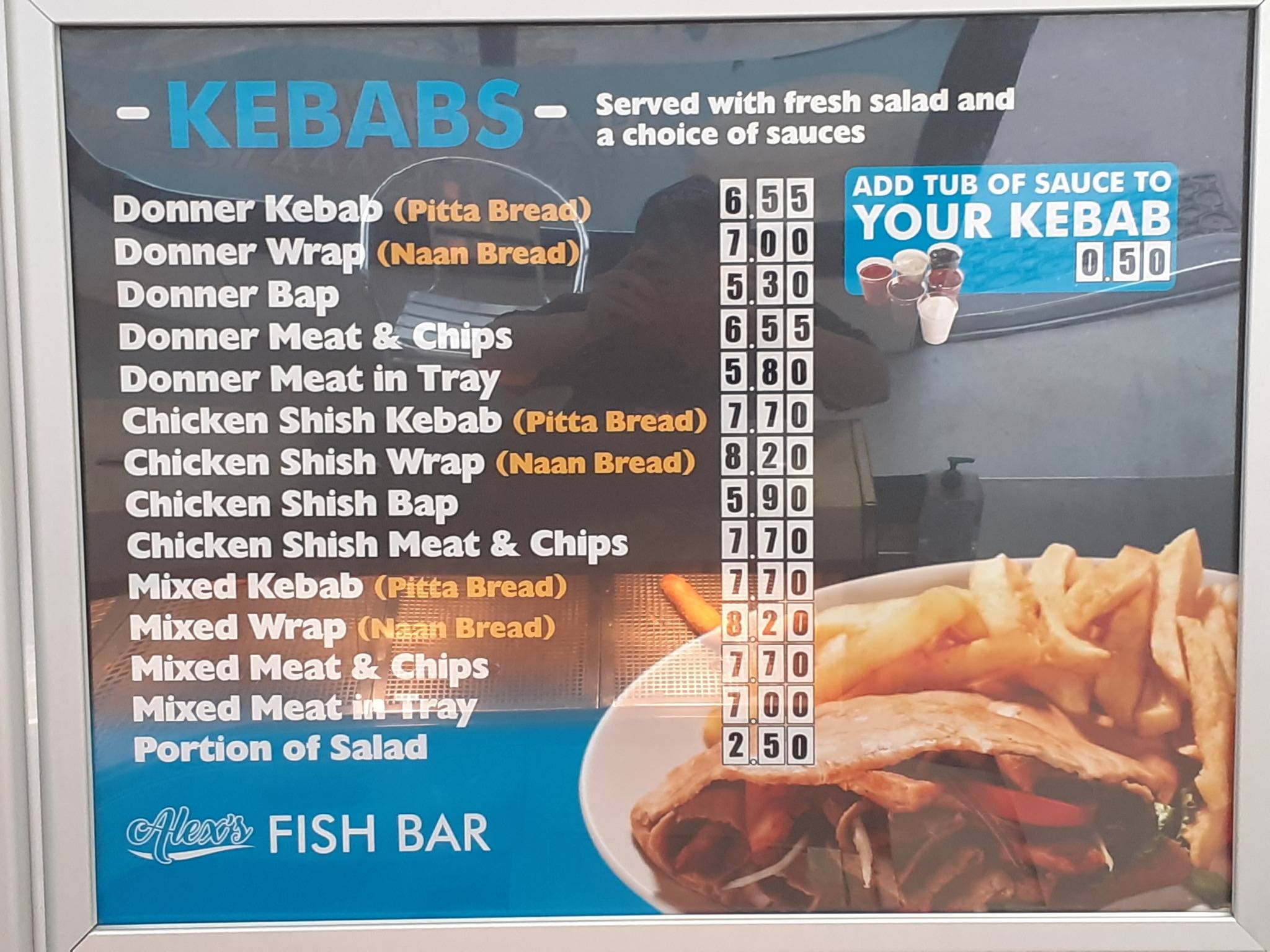 Menu at Alex's Fish Bar, Colwyn Bay