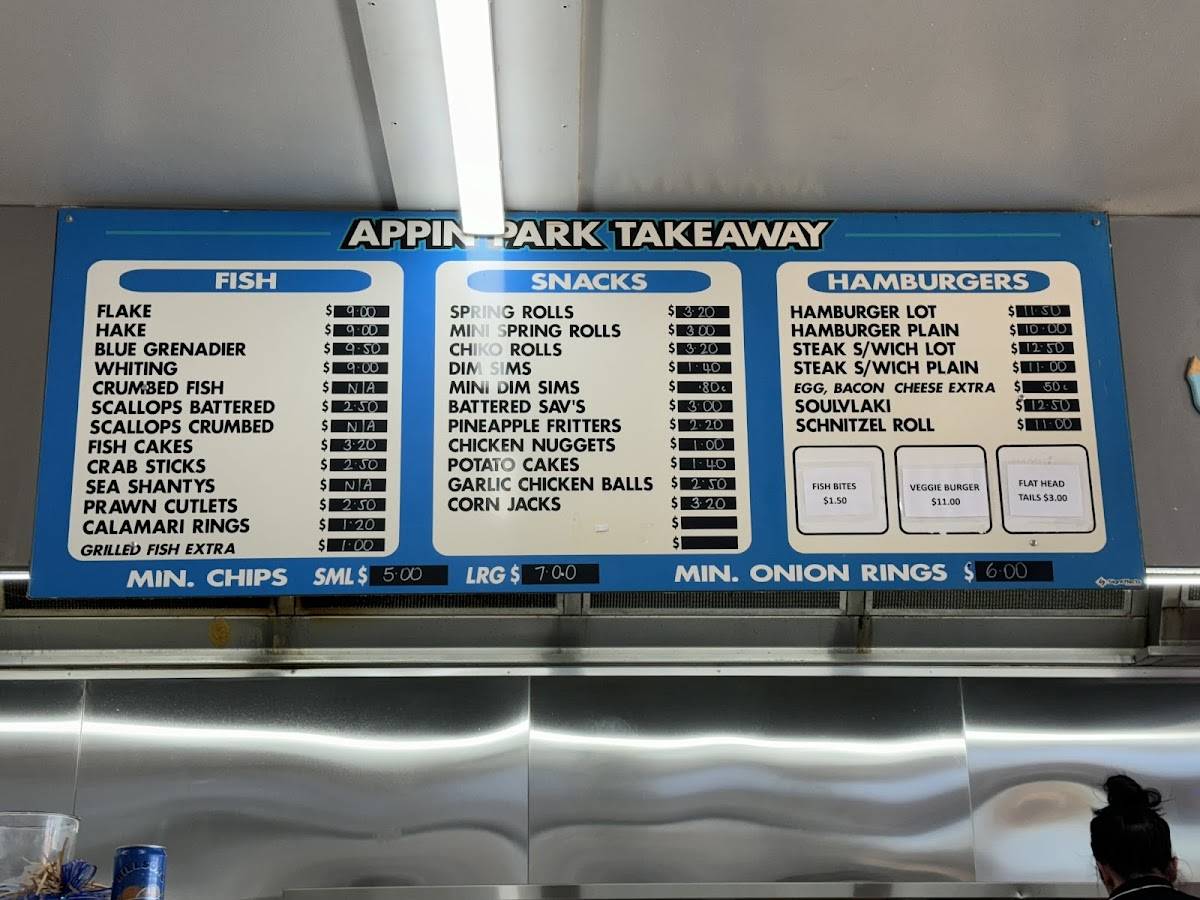 Menu at Appin Park Take-Away fast food, Wangaratta