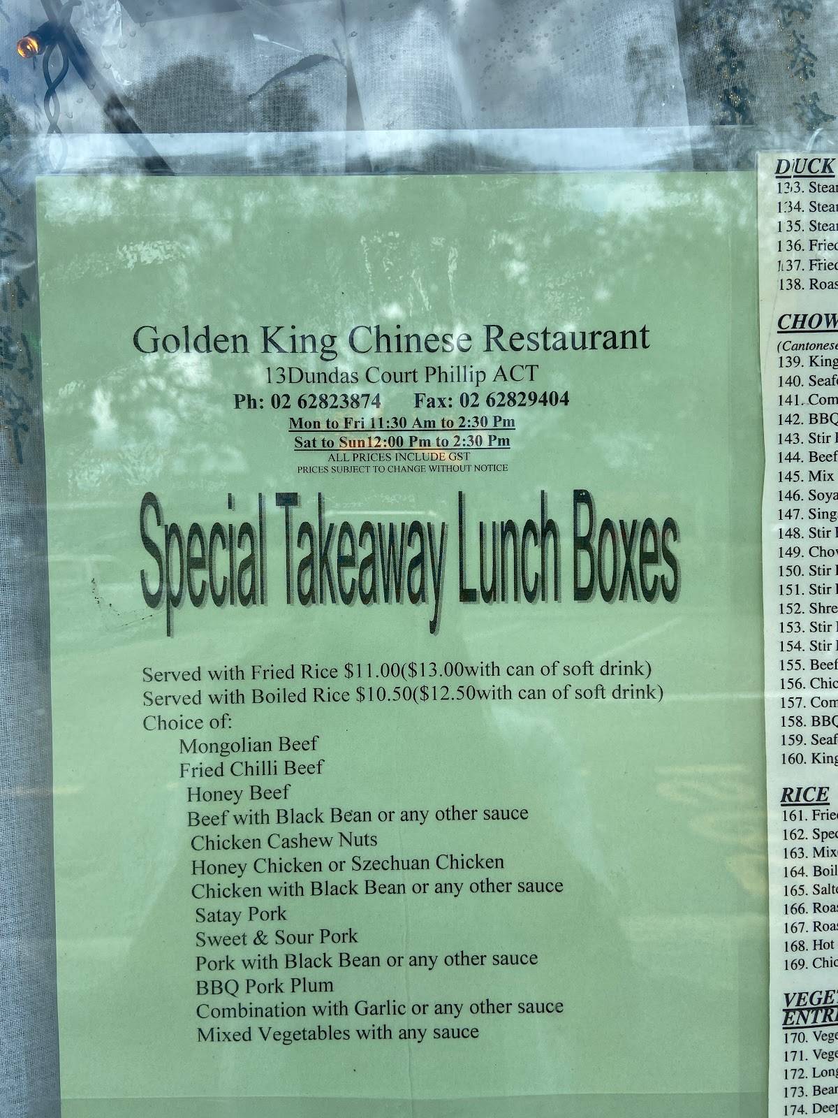 Menu at Golden King Chinese Restaurant, Phillip