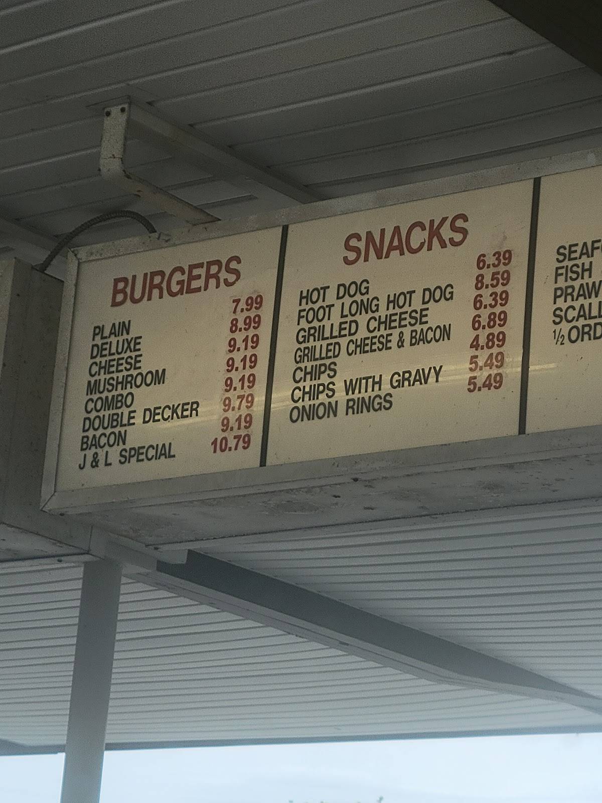 Menu at J & L Drive-In fast food, Port Alberni