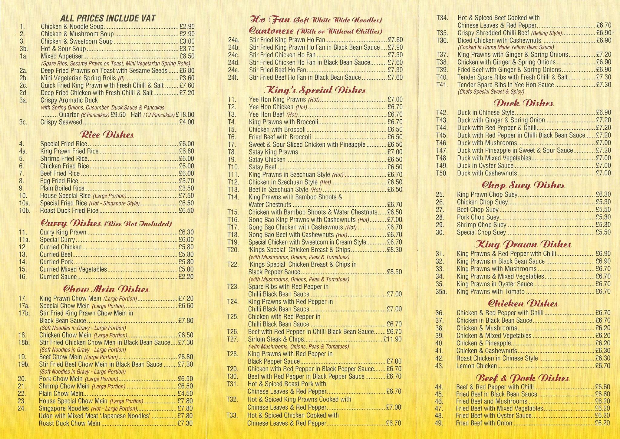 Menu at King’s Chinese Takeaway fast food, Aldershot