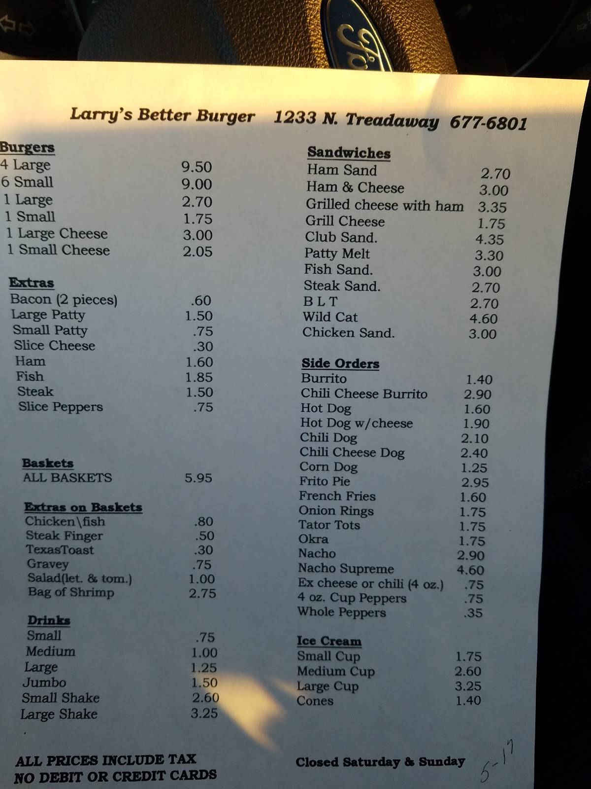 Menu at Larry's Better Burger Drive-In fast food, Abilene