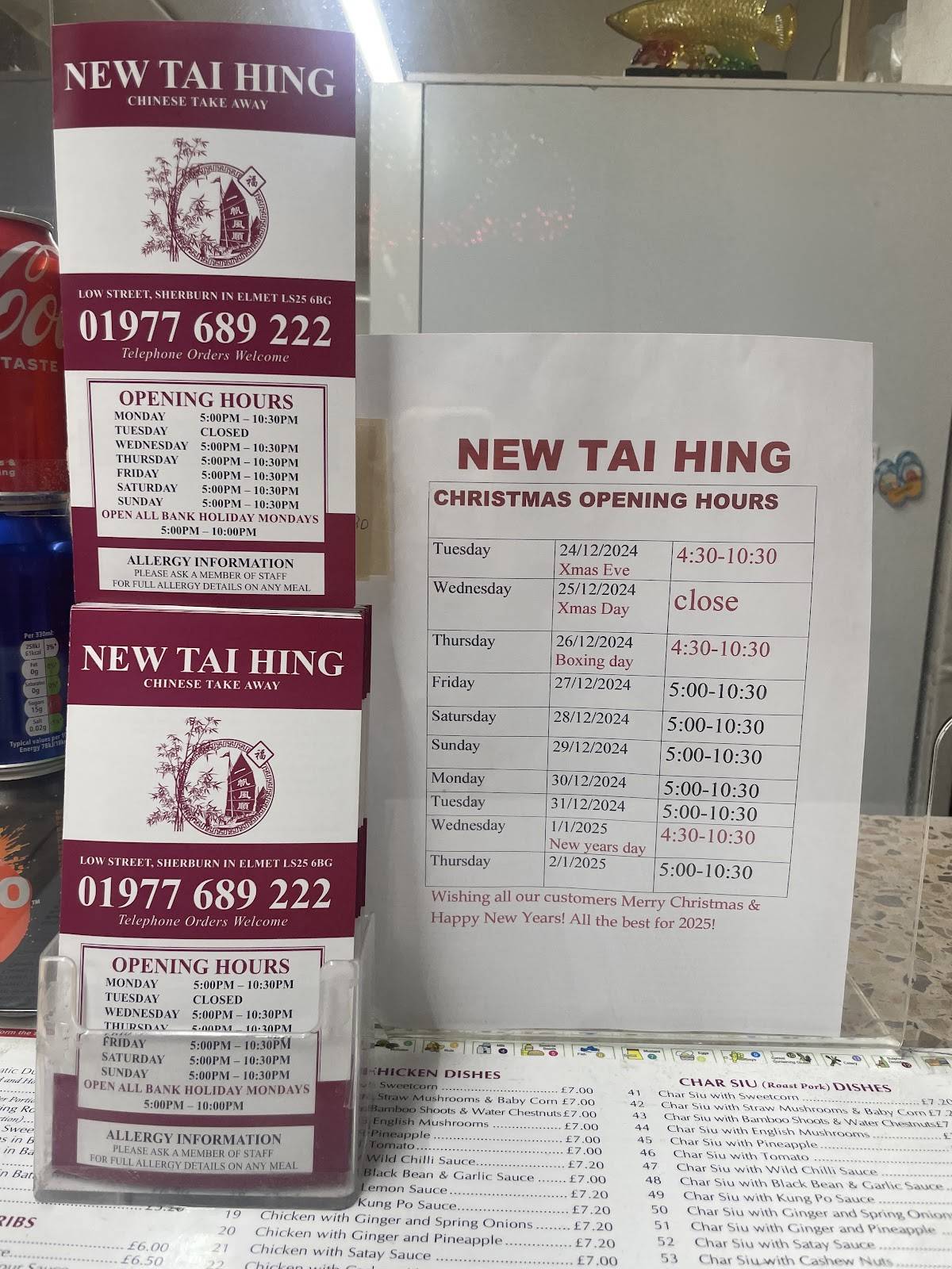 Menu at New Tai Hing fast food, Sherburn in Elmet