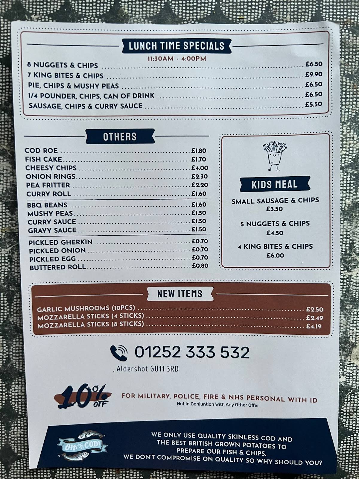 Menu at Oh My Cod fast food, Aldershot