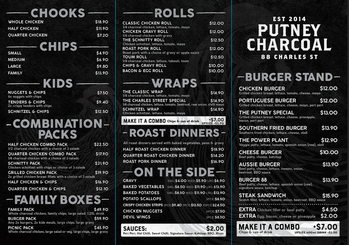 Menu at Putney Charcoal fast food, Putney