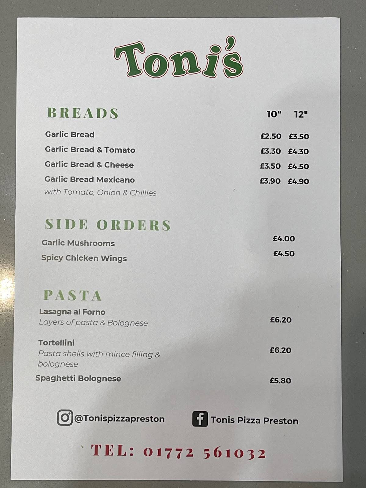 Menu at Toni's fast food, Preston