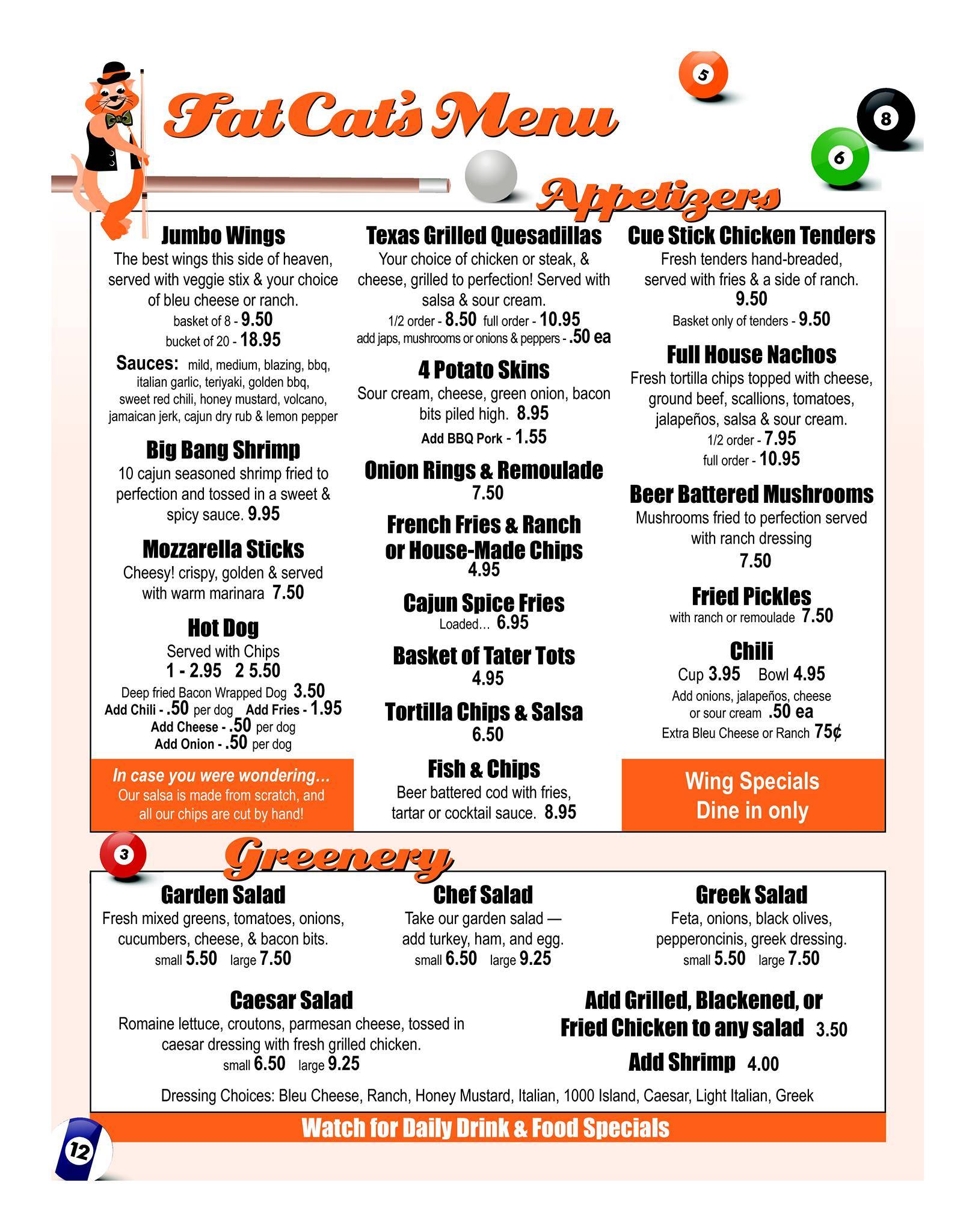Menu at Fat Cats Billiards pub & bar, Asheville
