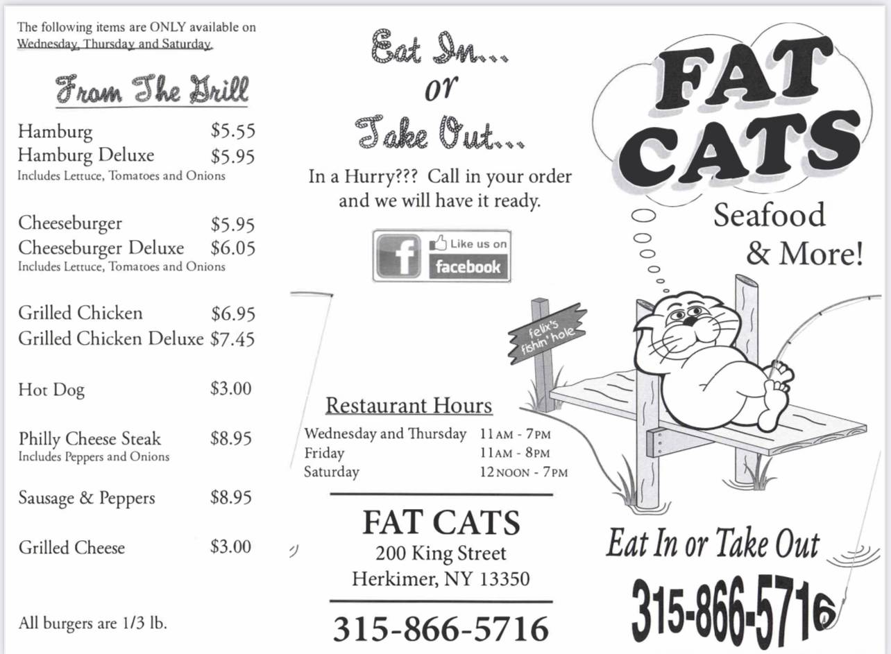 Menu at Fat Cats restaurant, Herkimer