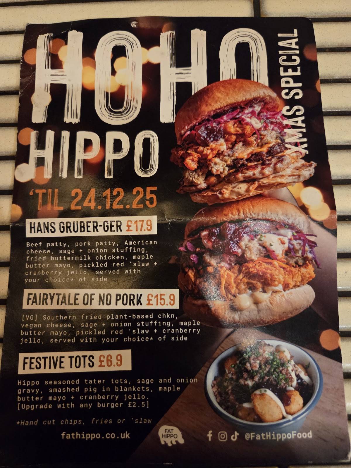 Menu at Fat Hippo Soho restaurant, London