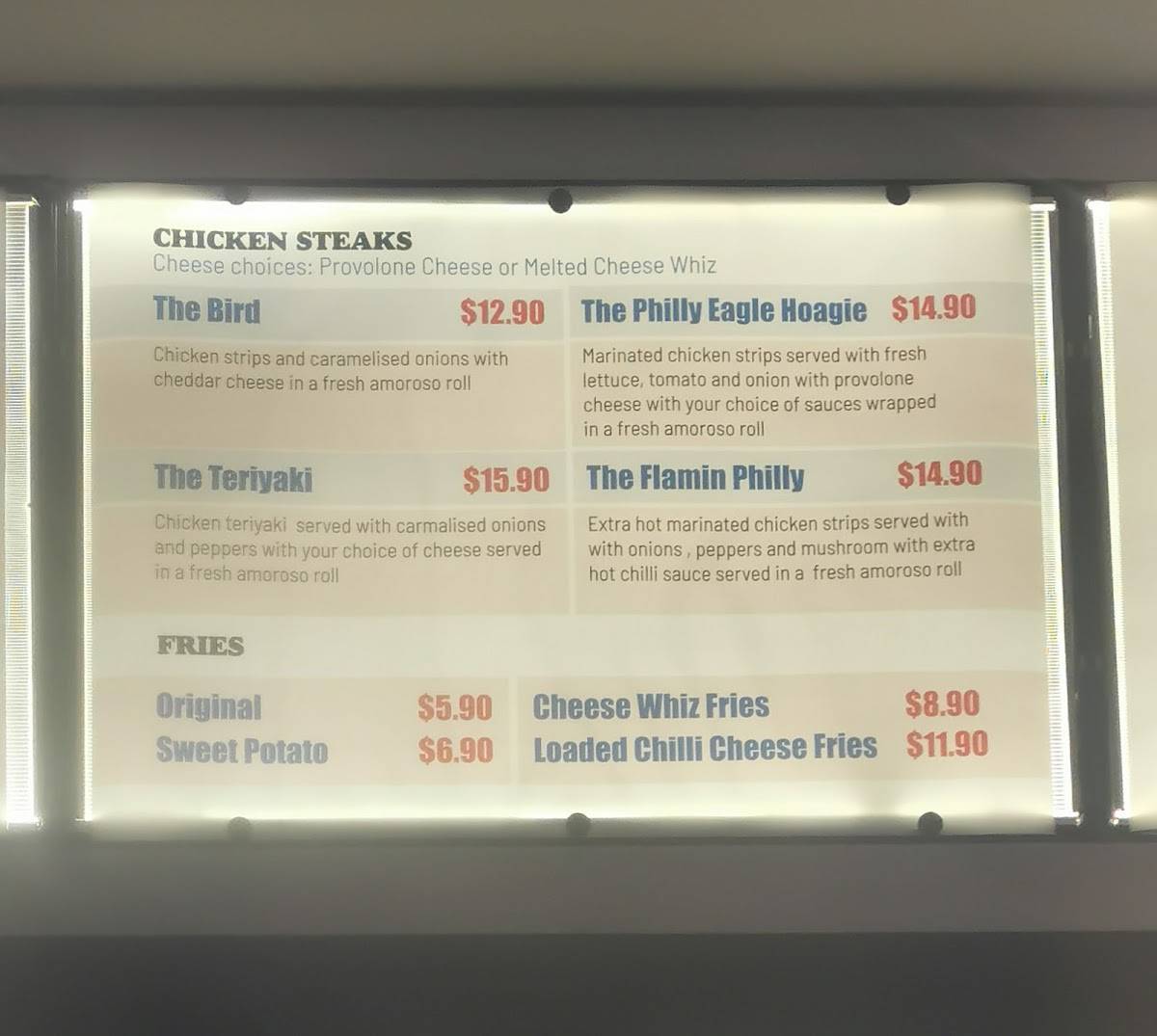 Menu at Fatboys Phillys restaurant, Melbourne