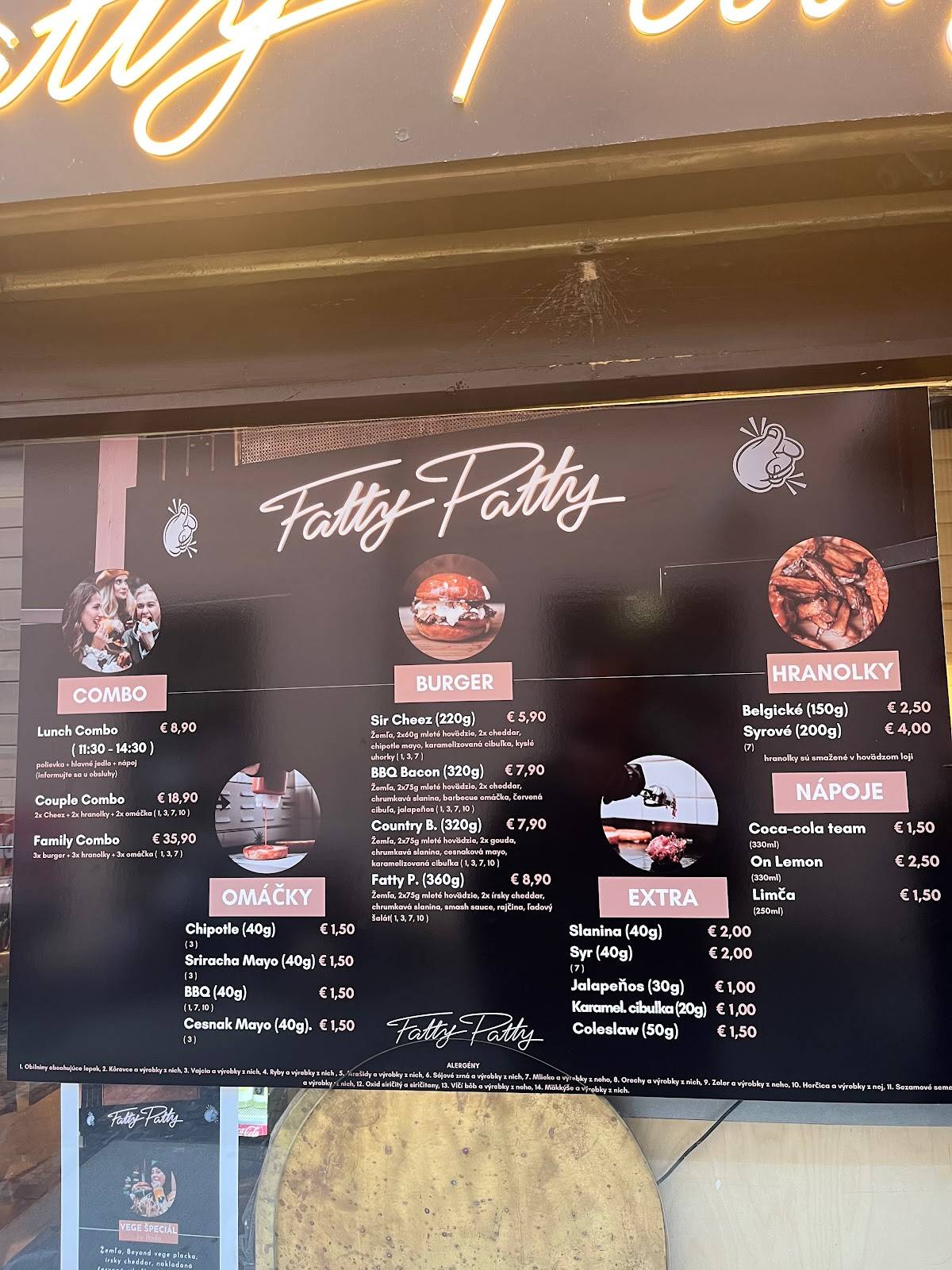 Menu at Fatty Patty smash burgers restaurant, Trenčín