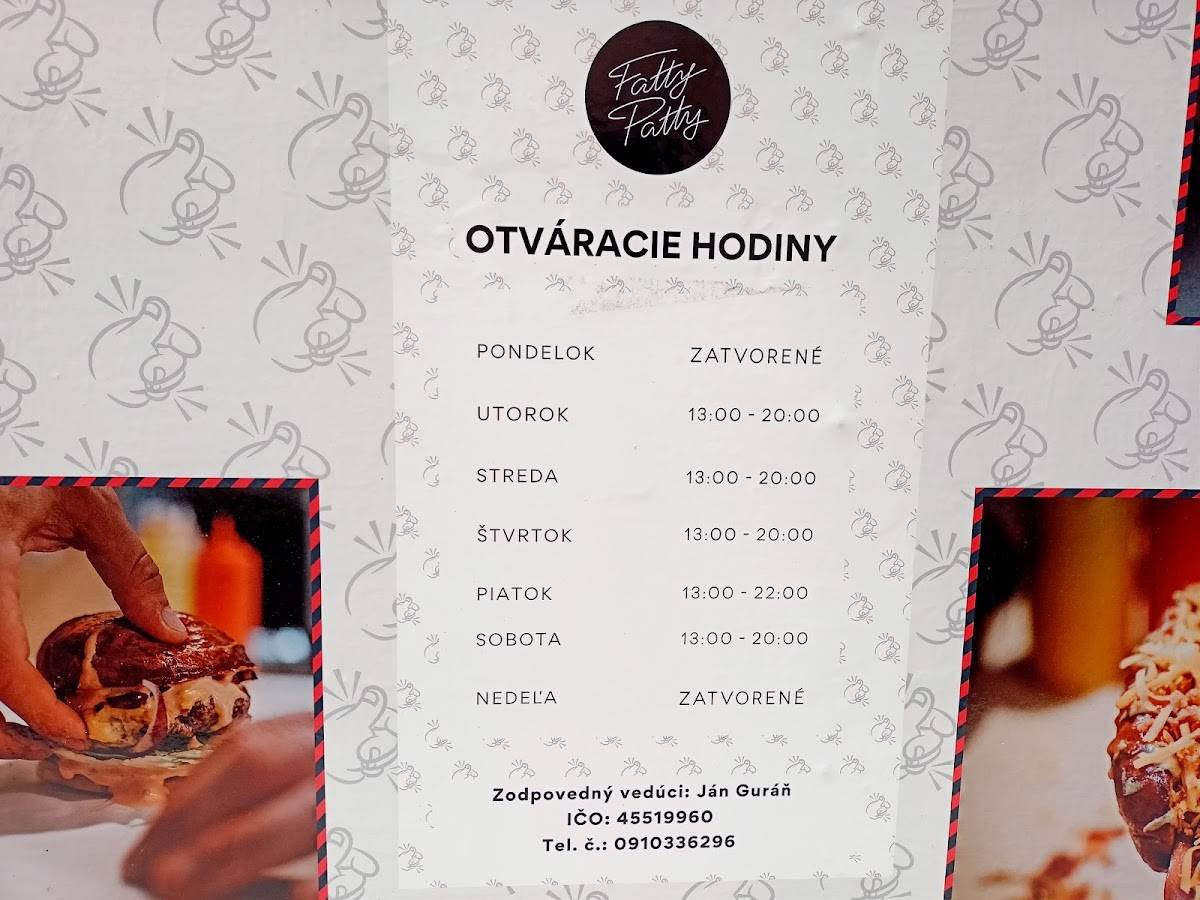 Menu at Fatty Patty smash burgers restaurant, Trenčín