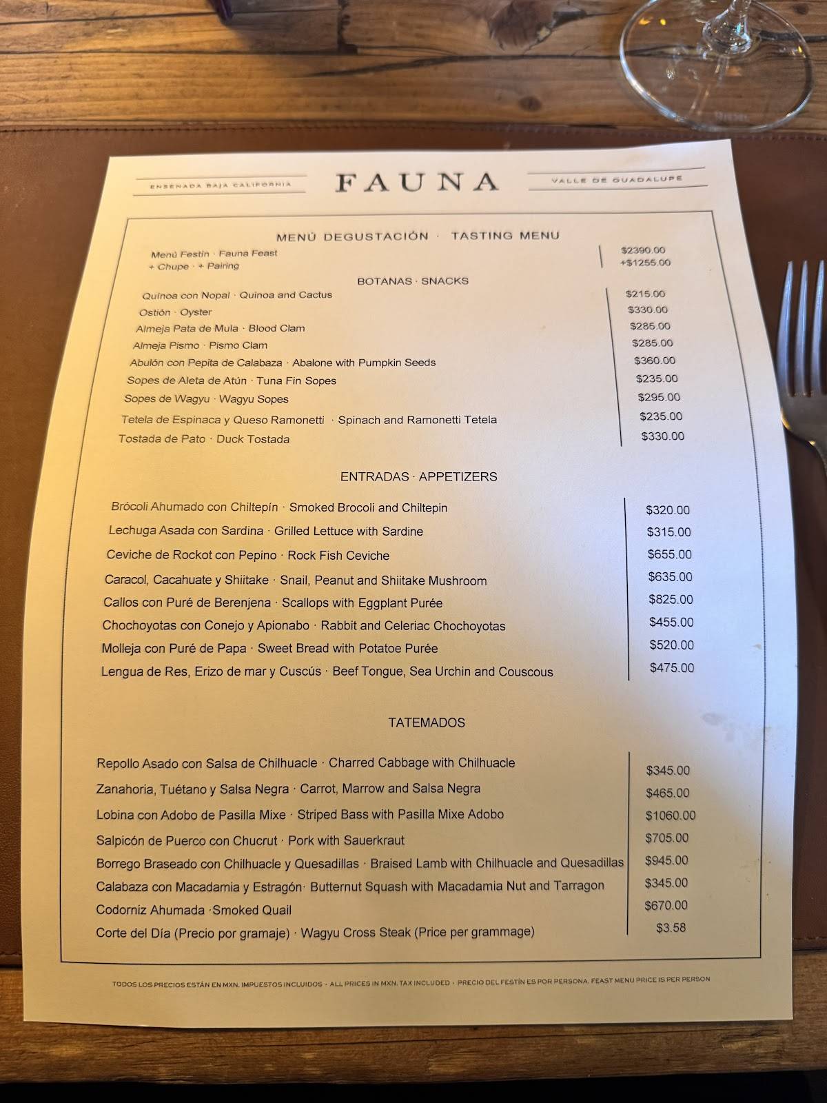Carta del restaurante Fauna, Guadaloupe
