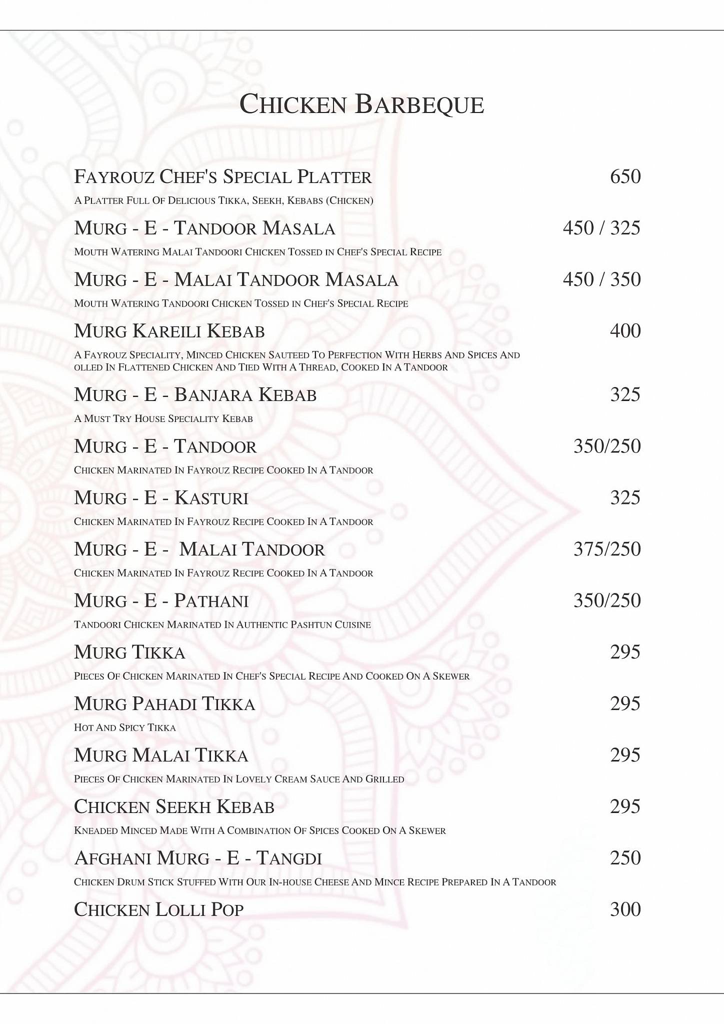 Menu at Fayrouz, Ahmedabad, 109