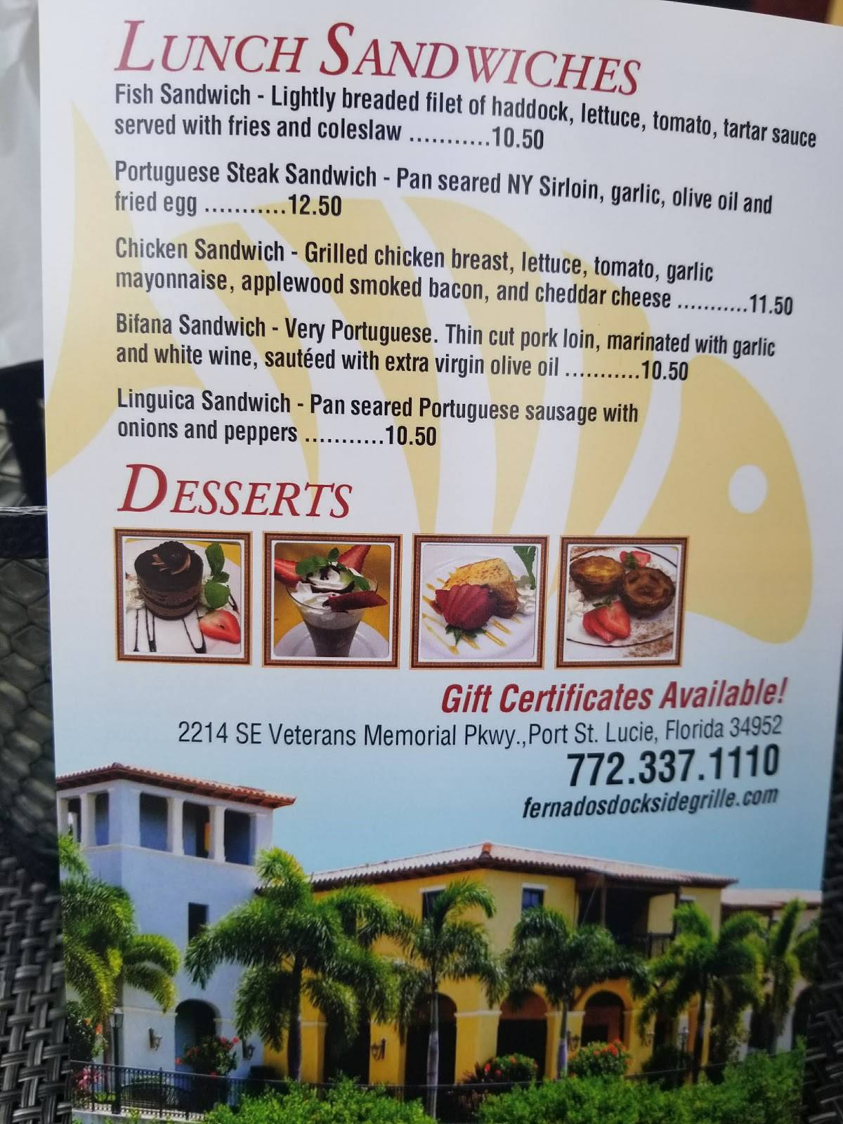 Menu at Fernando’s Dockside Grille restaurant, Port St. Lucie