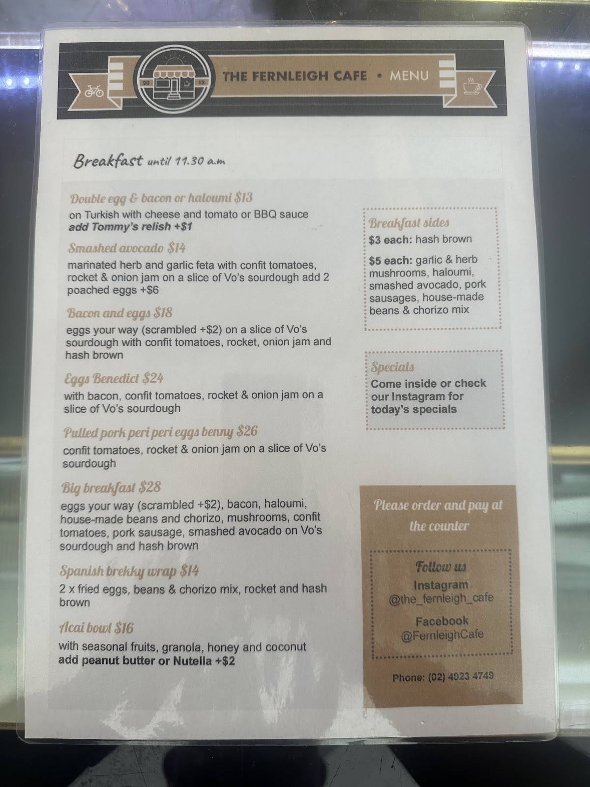 Menu at Fernleigh Cafe, Adamstown