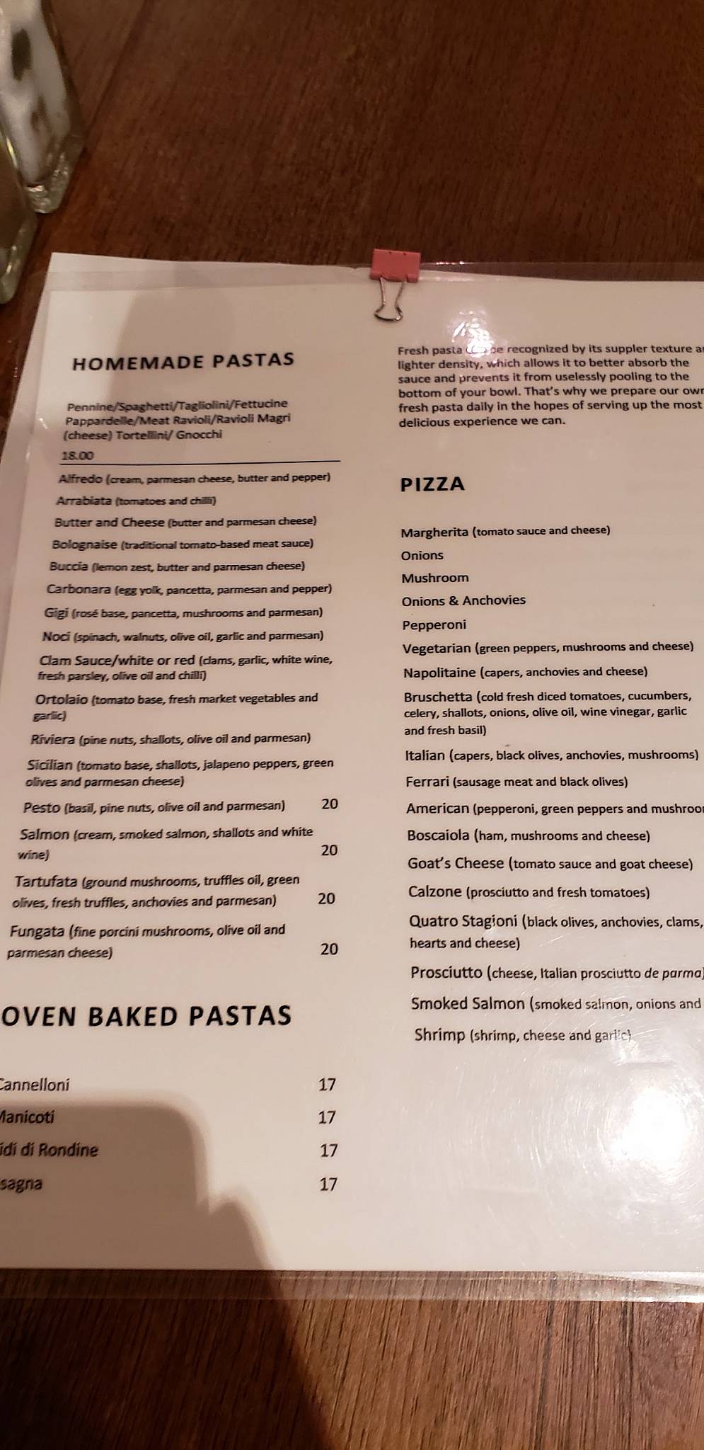 Menu at Ferrari restaurant, Montréal