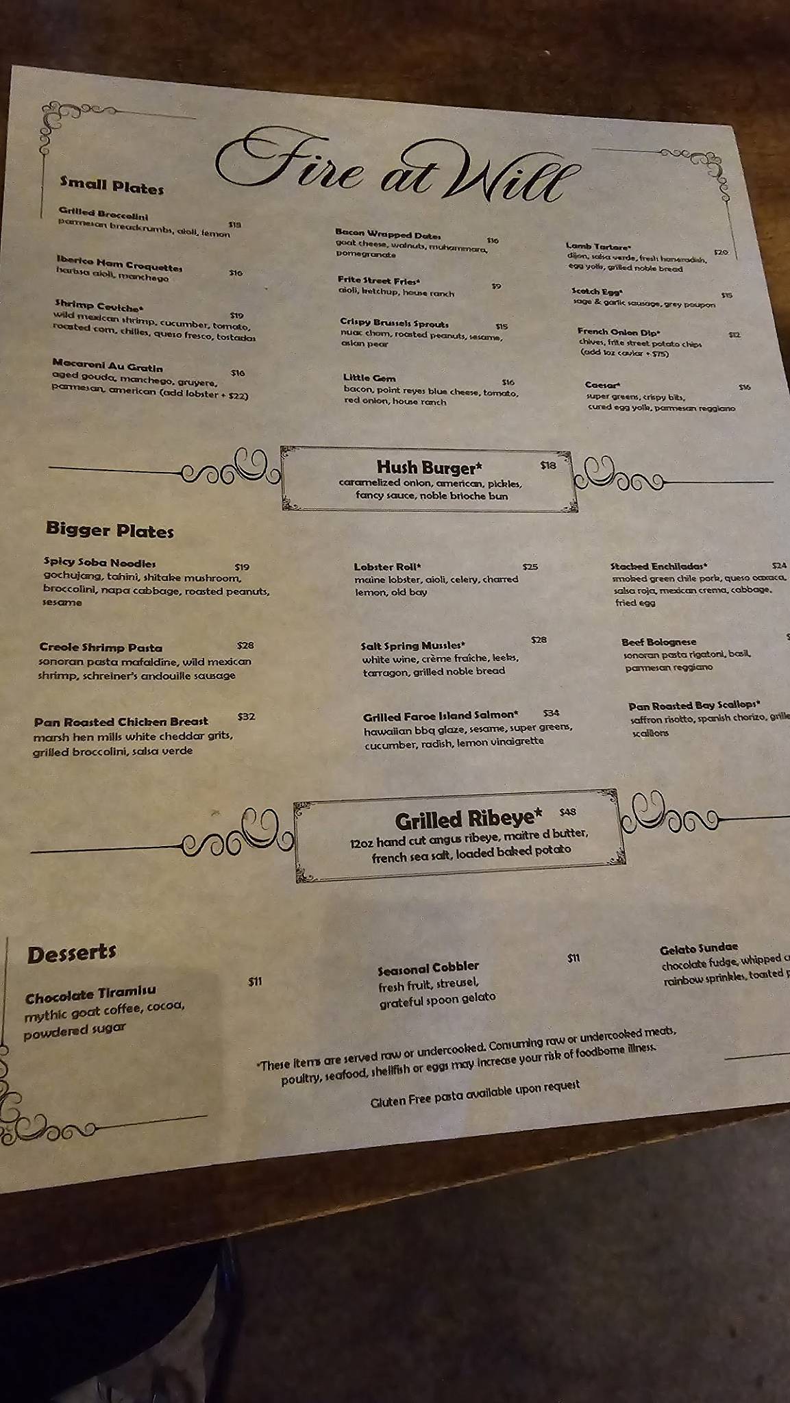 Menu at Fire At Will restaurant, Scottsdale