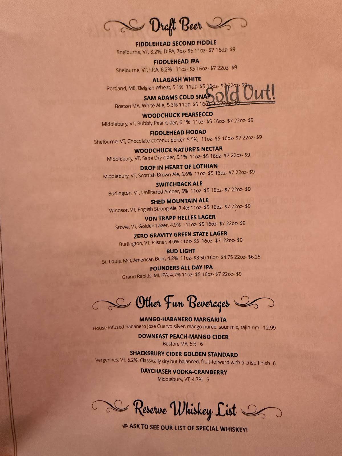 Menu at Fire & Ice pub & bar, Middlebury