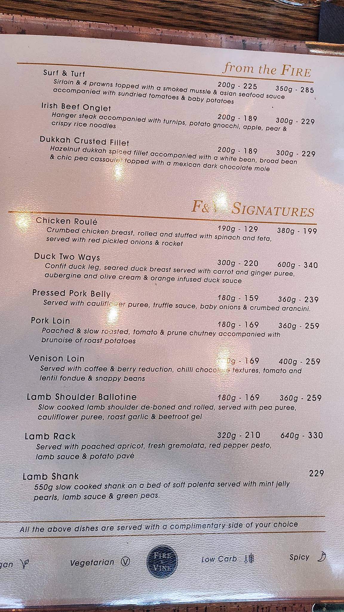 Menu at Fire & Vine restaurant, Pietermaritzburg, Athlone Circle