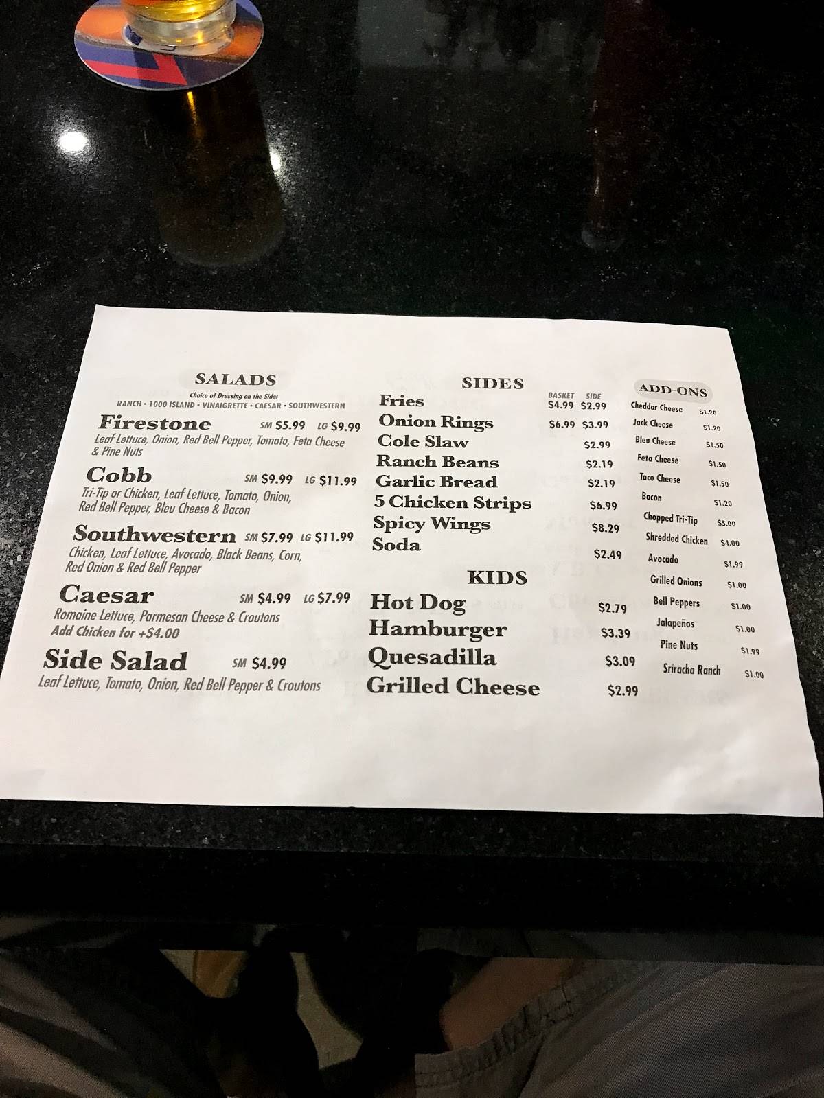 Menu at Firestone Grill pub & bar, Bakersfield, California Ave