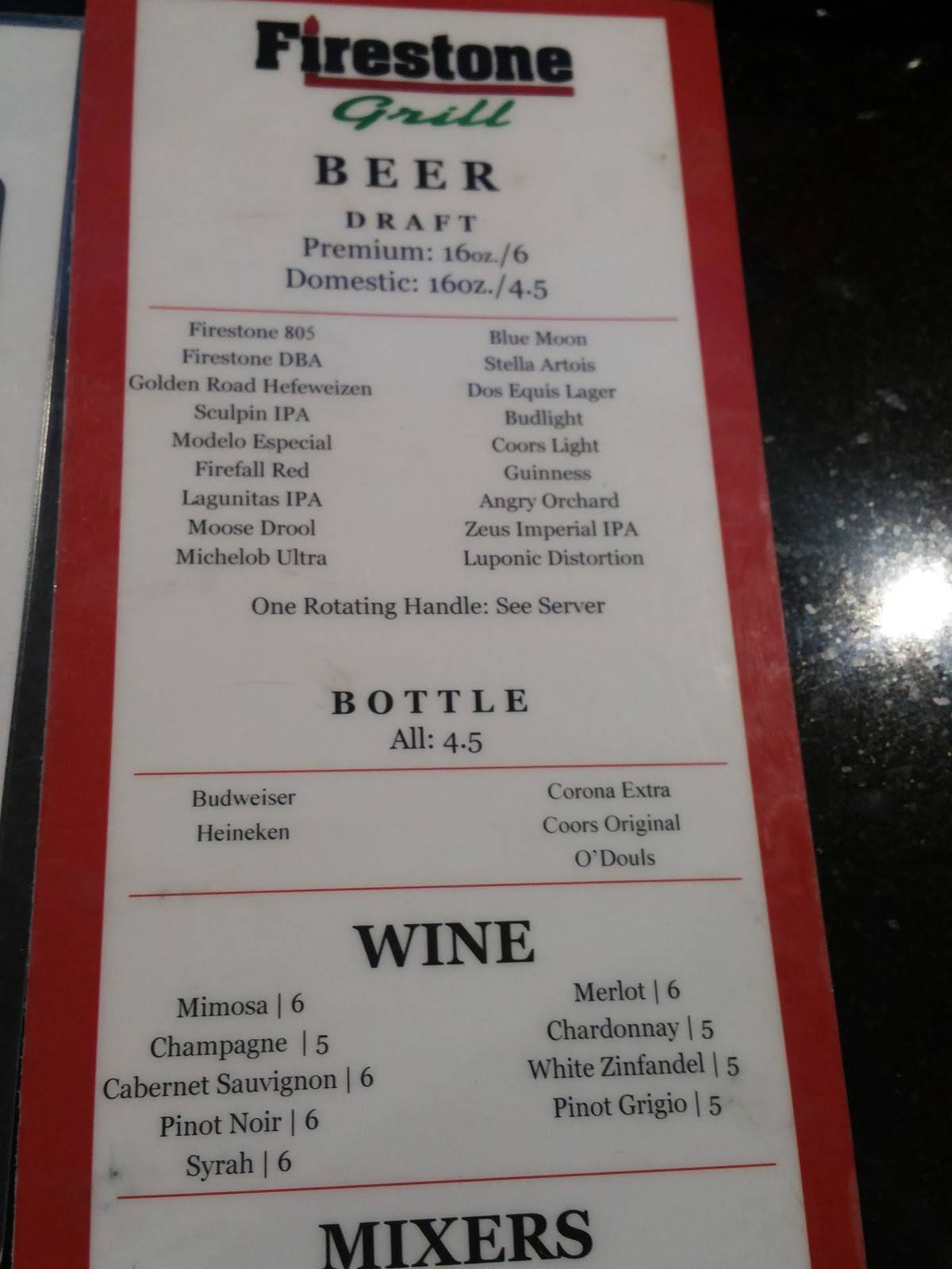 Menu at Firestone Grill pub & bar, Bakersfield, California Ave