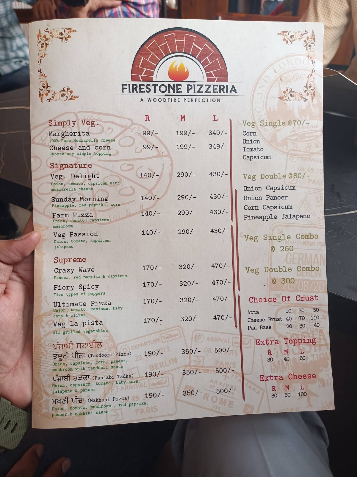 Menu at Firestone pizzeria, Sirsa