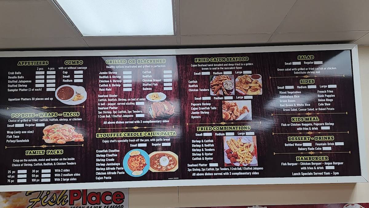 Menu at Fish place louisiana style restaurant, Missouri City