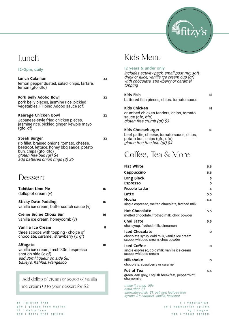 Menu at Fitzy's Toowoomba restaurant, Toowoomba City