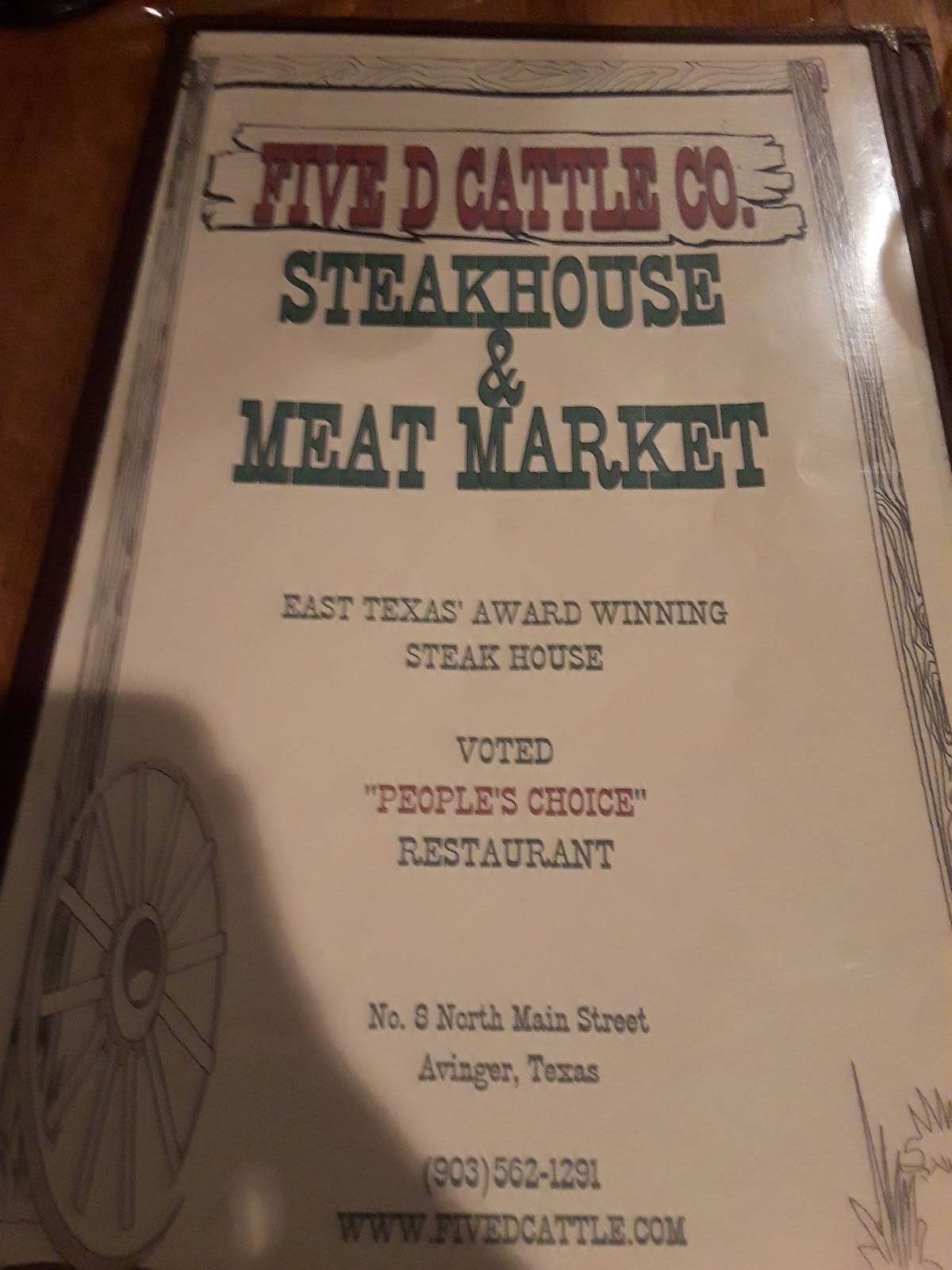 Menu at Five D Cattle Company Steak House & Meat Market steakhouse, Avinger