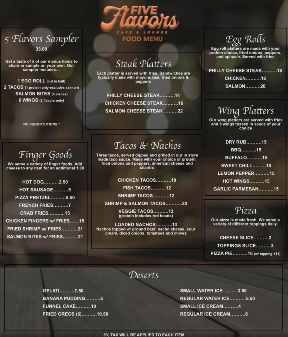 Menu at Five Flavors Cafe, Philadelphia