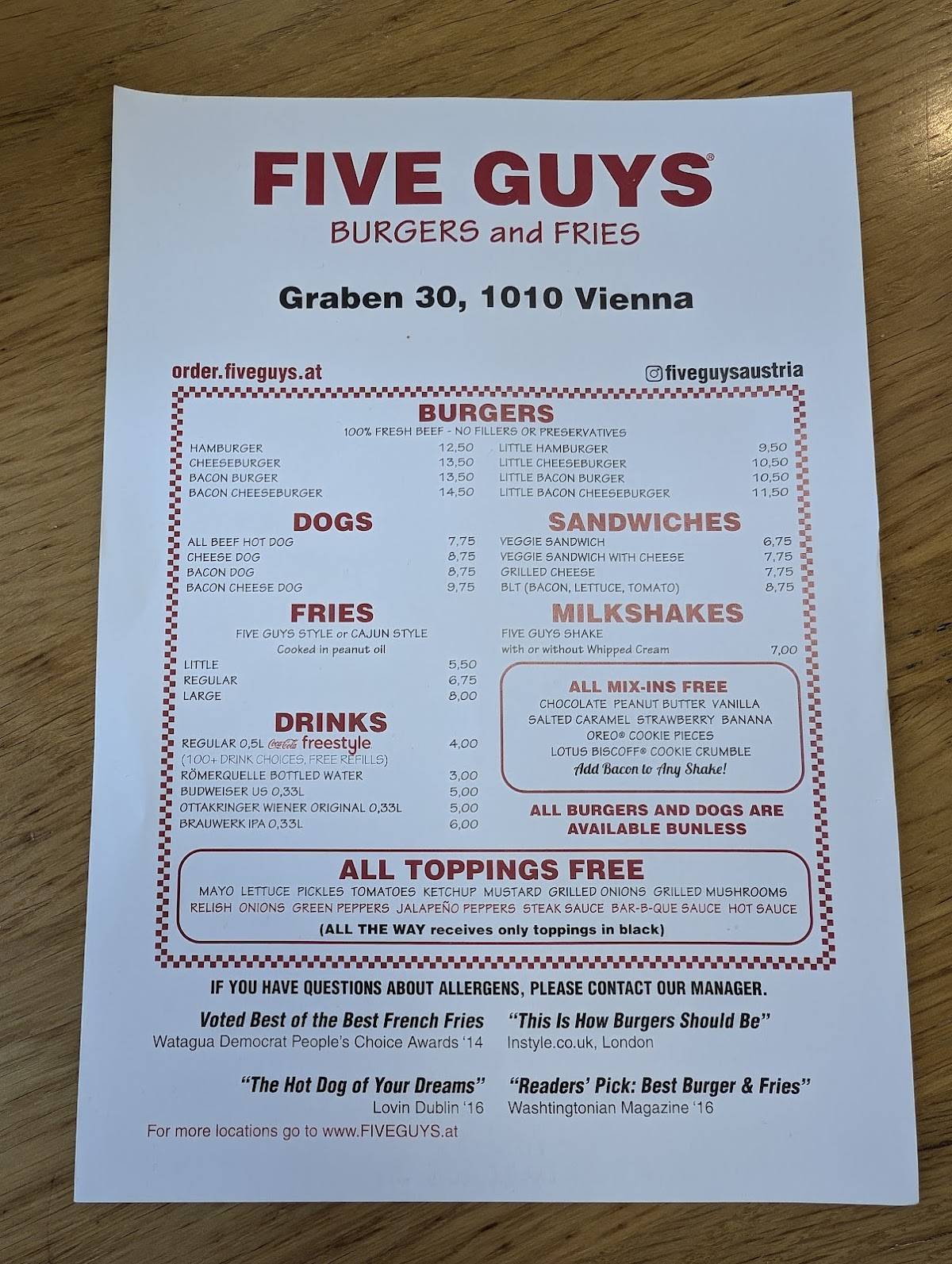 Speisekarte von Five Guys Graben restaurant, Wien, Graben 30